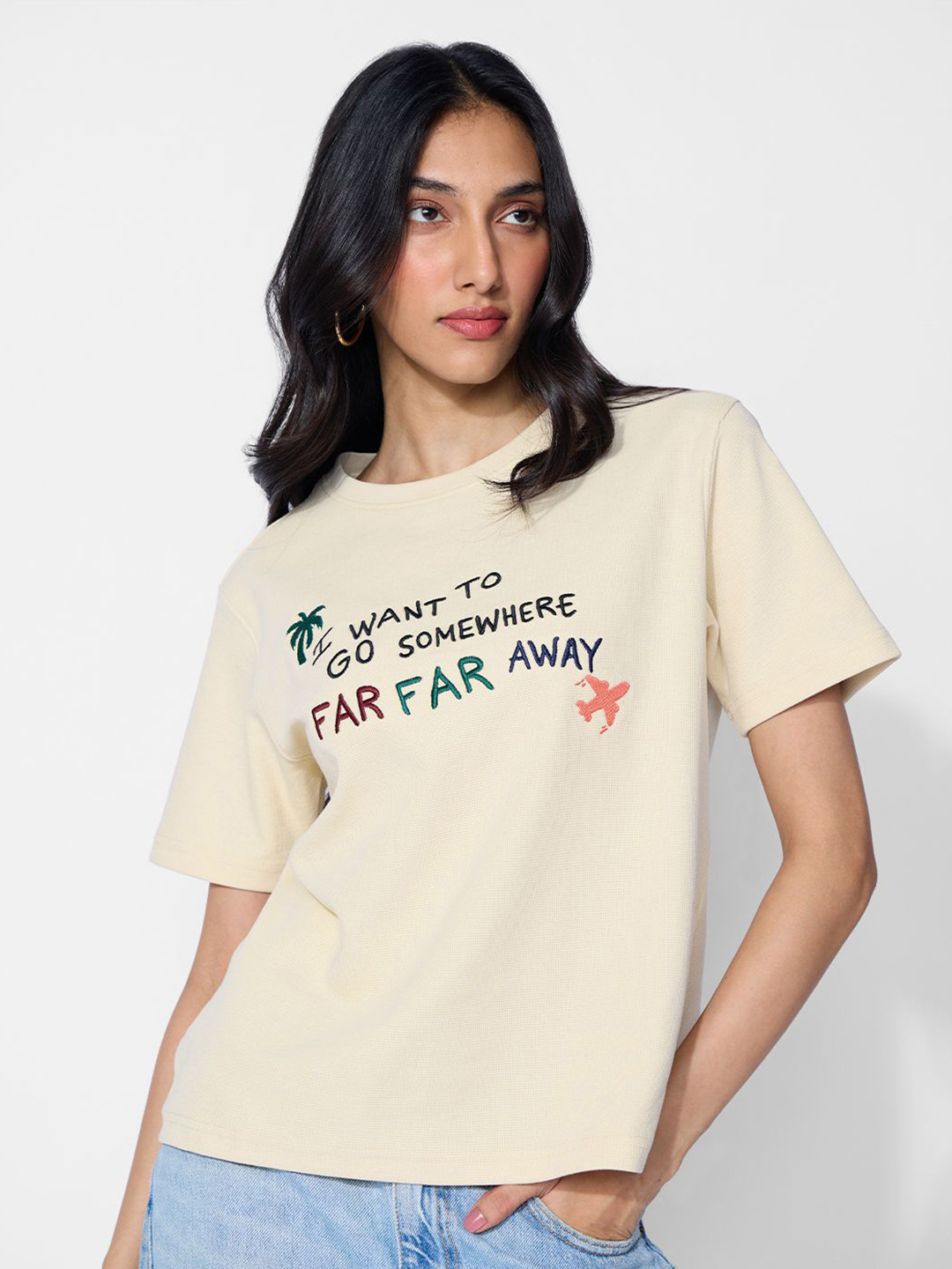 Buy The Souled Store Typography Embroidered Pure Cotton Relaxed Fit T ...