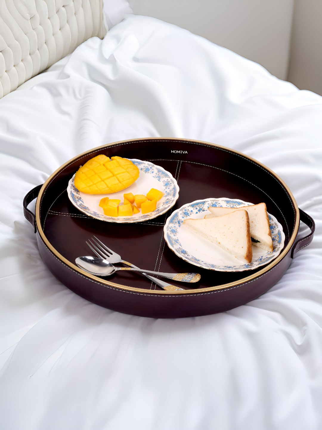 Buy HOMIVA Brown Round Faux Leather Serving Tray Large - Serving Tray ...