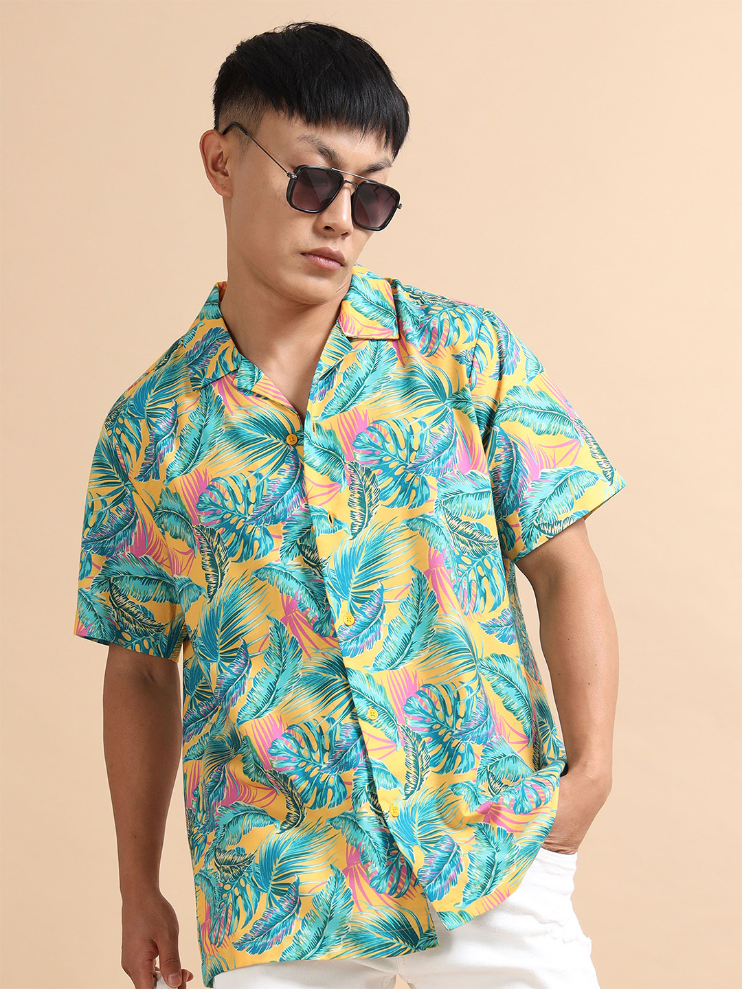 Buy StitchX Men Short Sleeve Tropical Printed Cuban Collar Beach Shirt ...