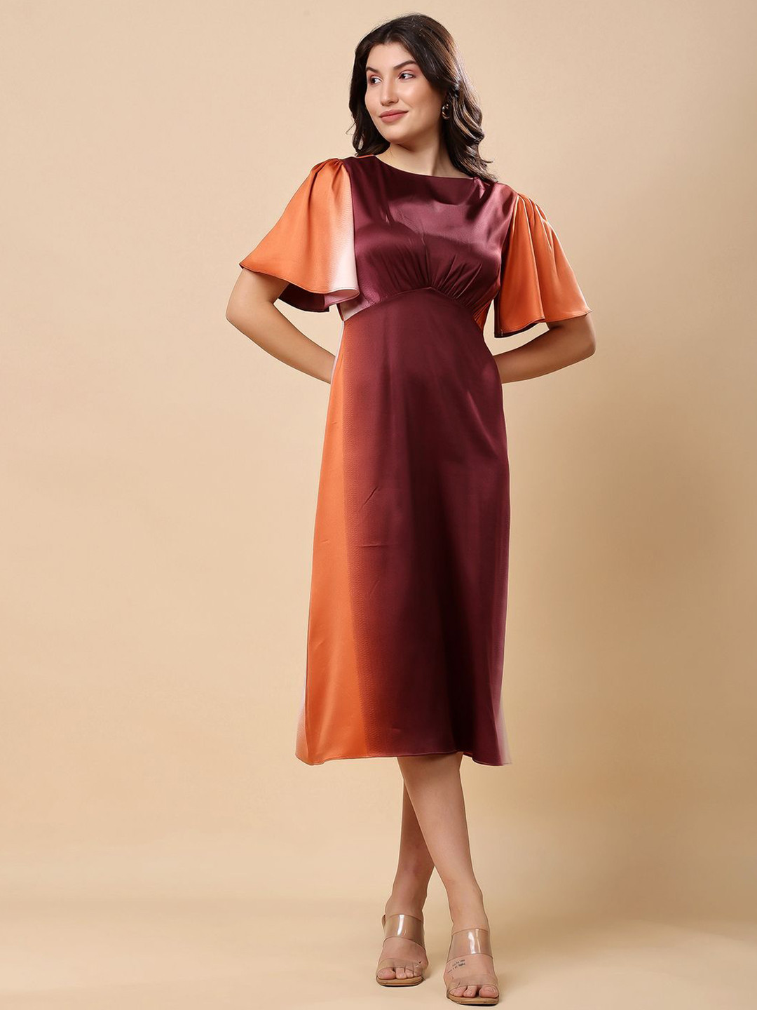 Buy T TRYON ULTIMATE Women Flared Sleeve Satin Fit & Flare Midi Dress ...