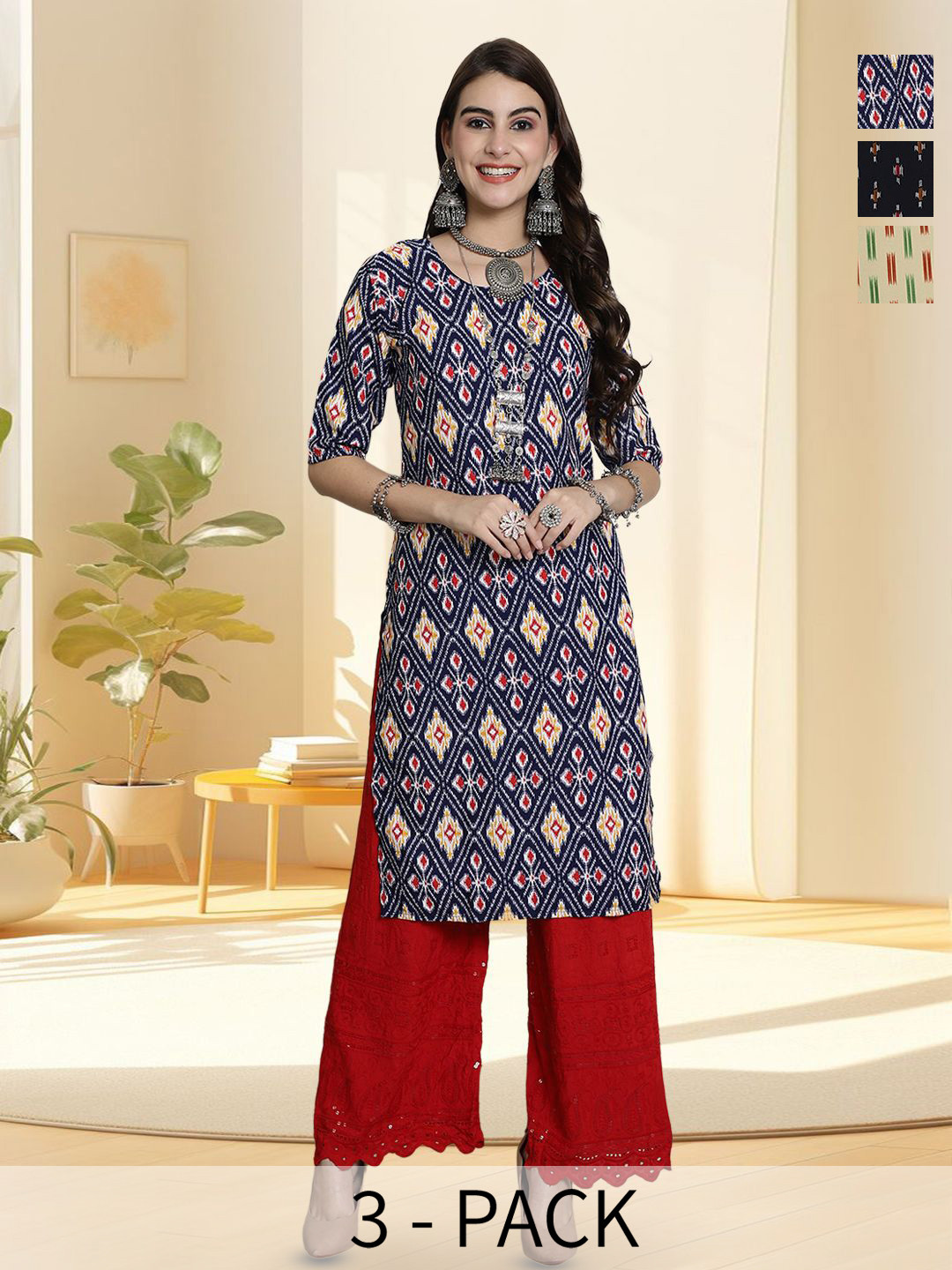 Buy HERE&NOW Selection Of 3 Geometric Printed Round Neck Straight ...