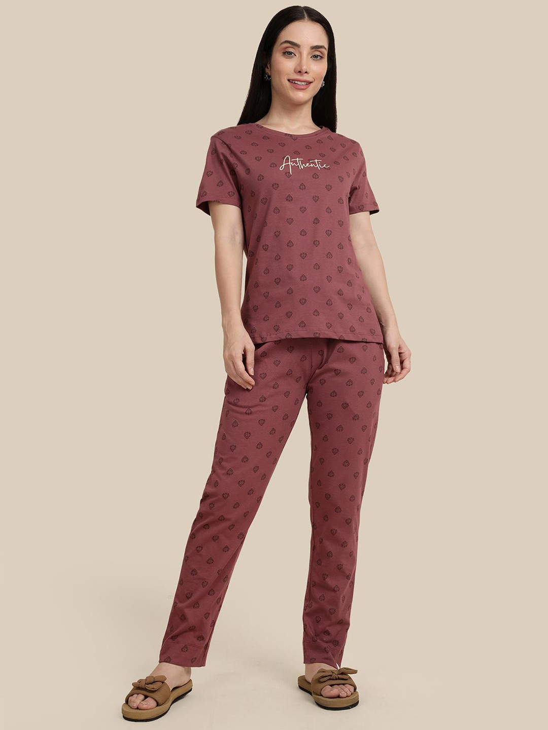 Buy TWIN BIRDS Women Twin Birds Burgandy Printed Cotton Round Neck ...