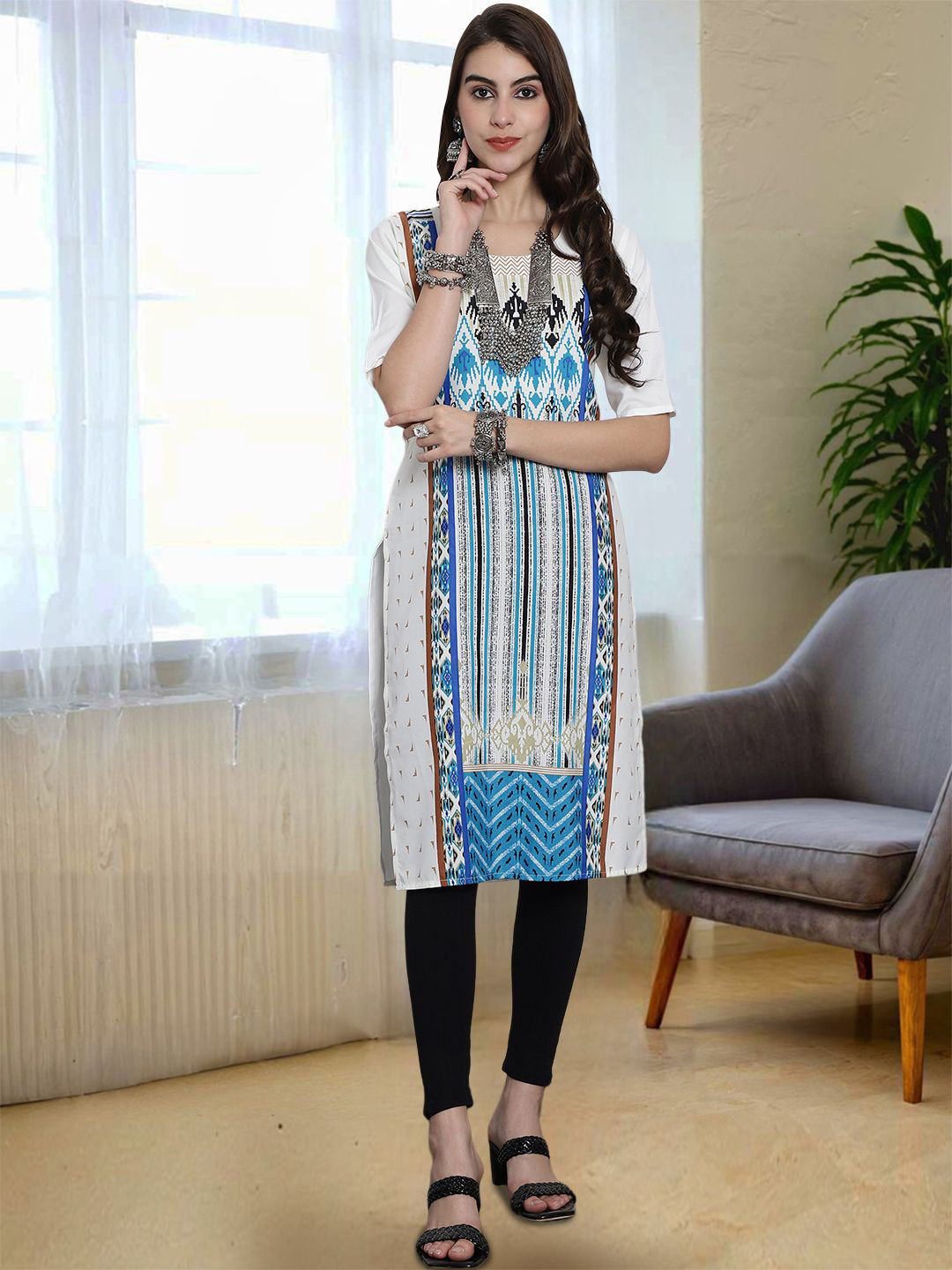 Buy HERE&NOW Selection Of 3 Ethnic Motifs Printed Round Neck Straight ...