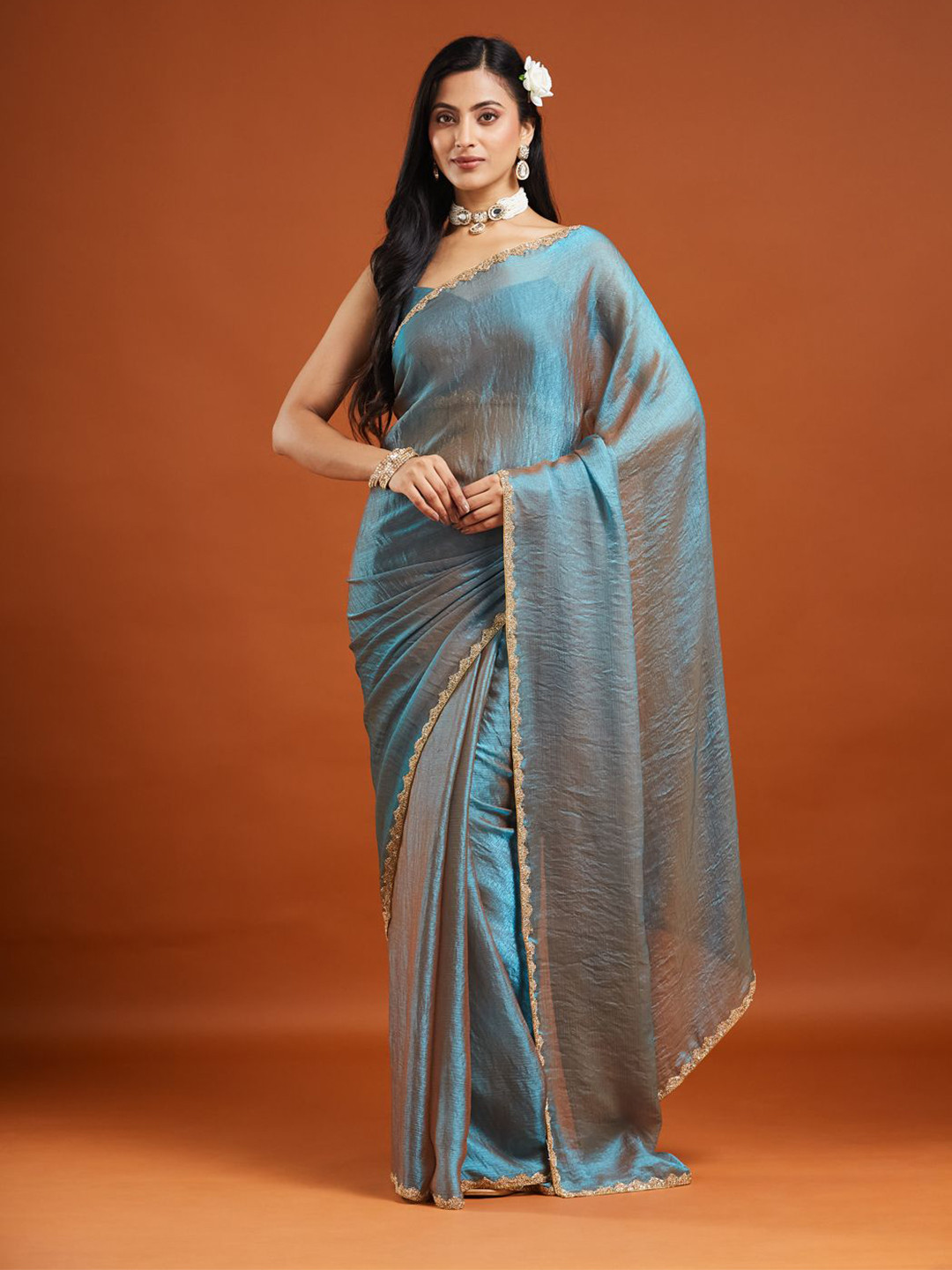 Buy Kasee Solid Embellished Beads And Stones Silk Blend Saree - Sarees ...
