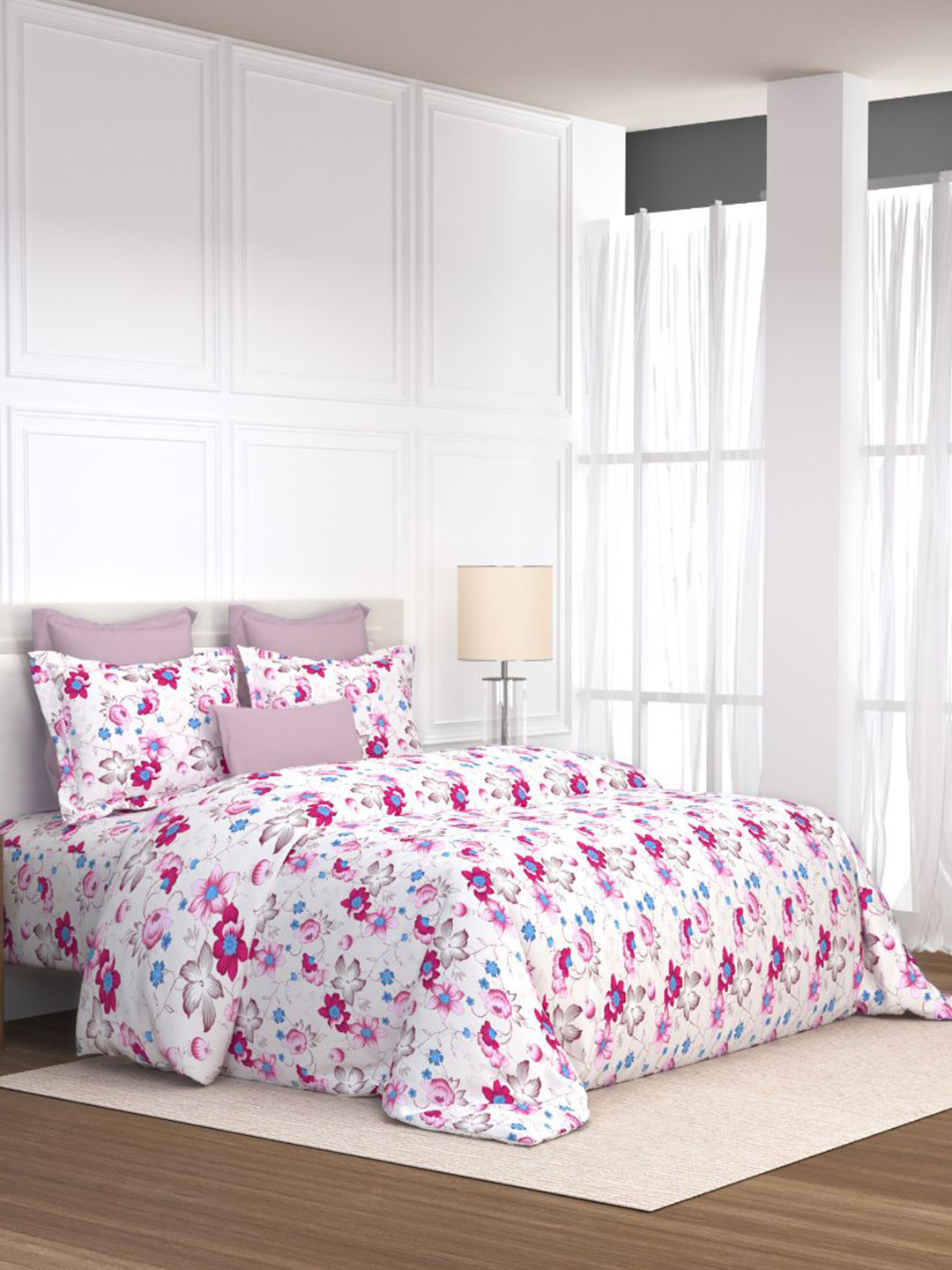 Buy LABHAM Pink & White Floral 180 TC King Bedsheet With 2 Pillow ...