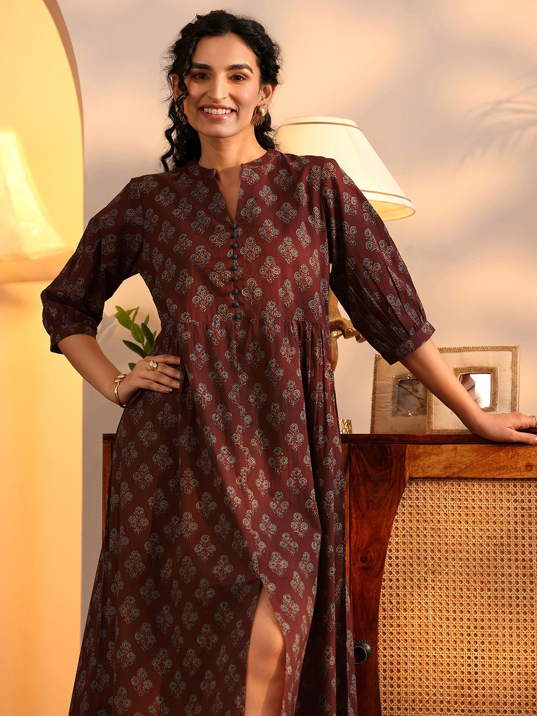 Buy Libas Women Ethnic Motifs Print Puff Sleeve A Line Maxi Dress ...