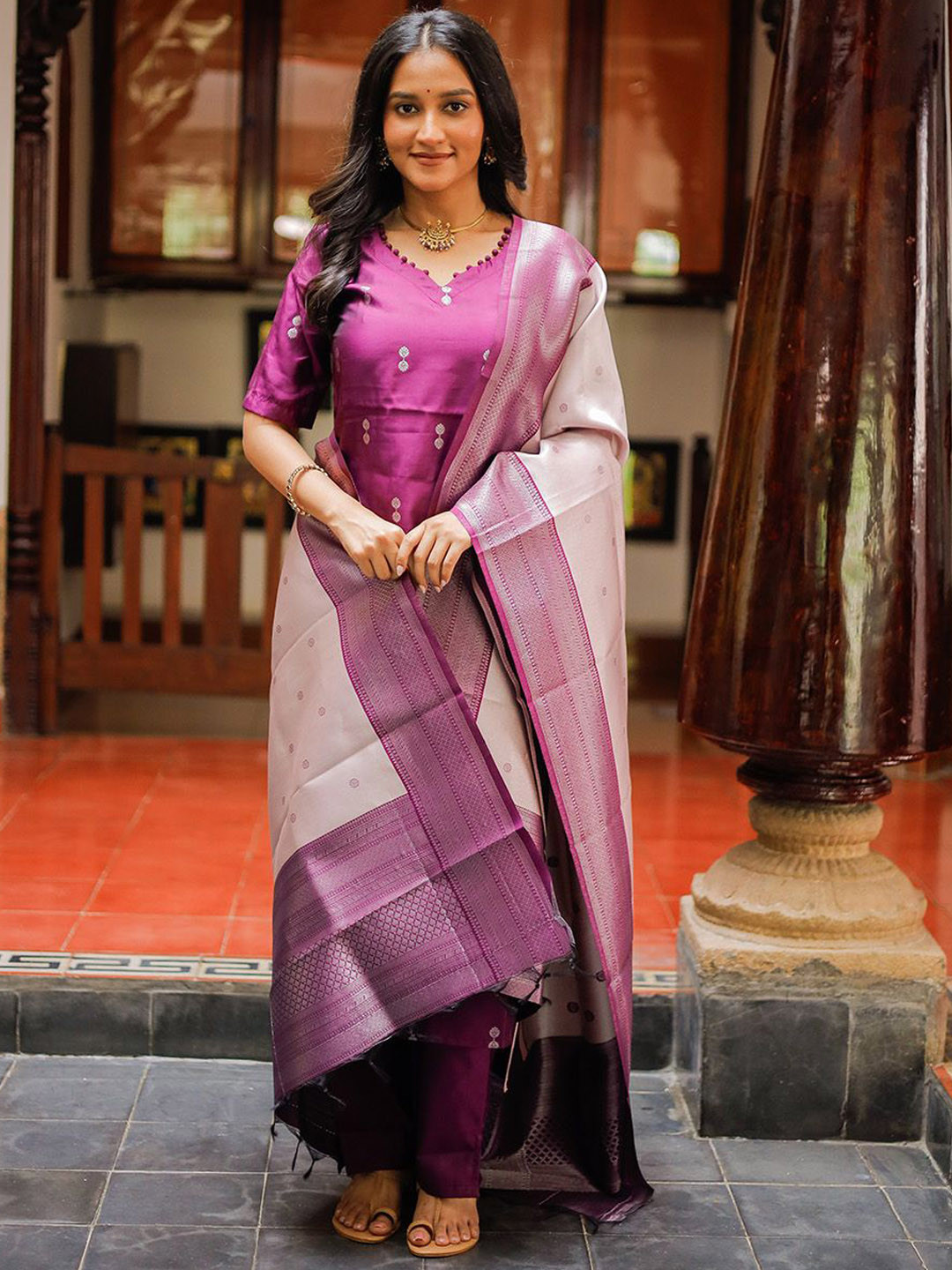 Buy Vastara The Label Women Silver Zari Vegan Silk Suit Set In Purple ...