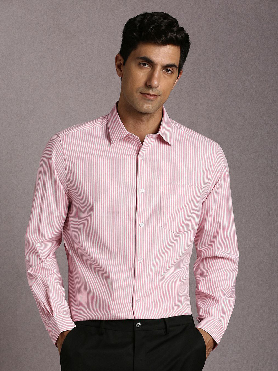 Buy Louis Philippe Men Vertical Striped Spread Collar Cotton Formal ...