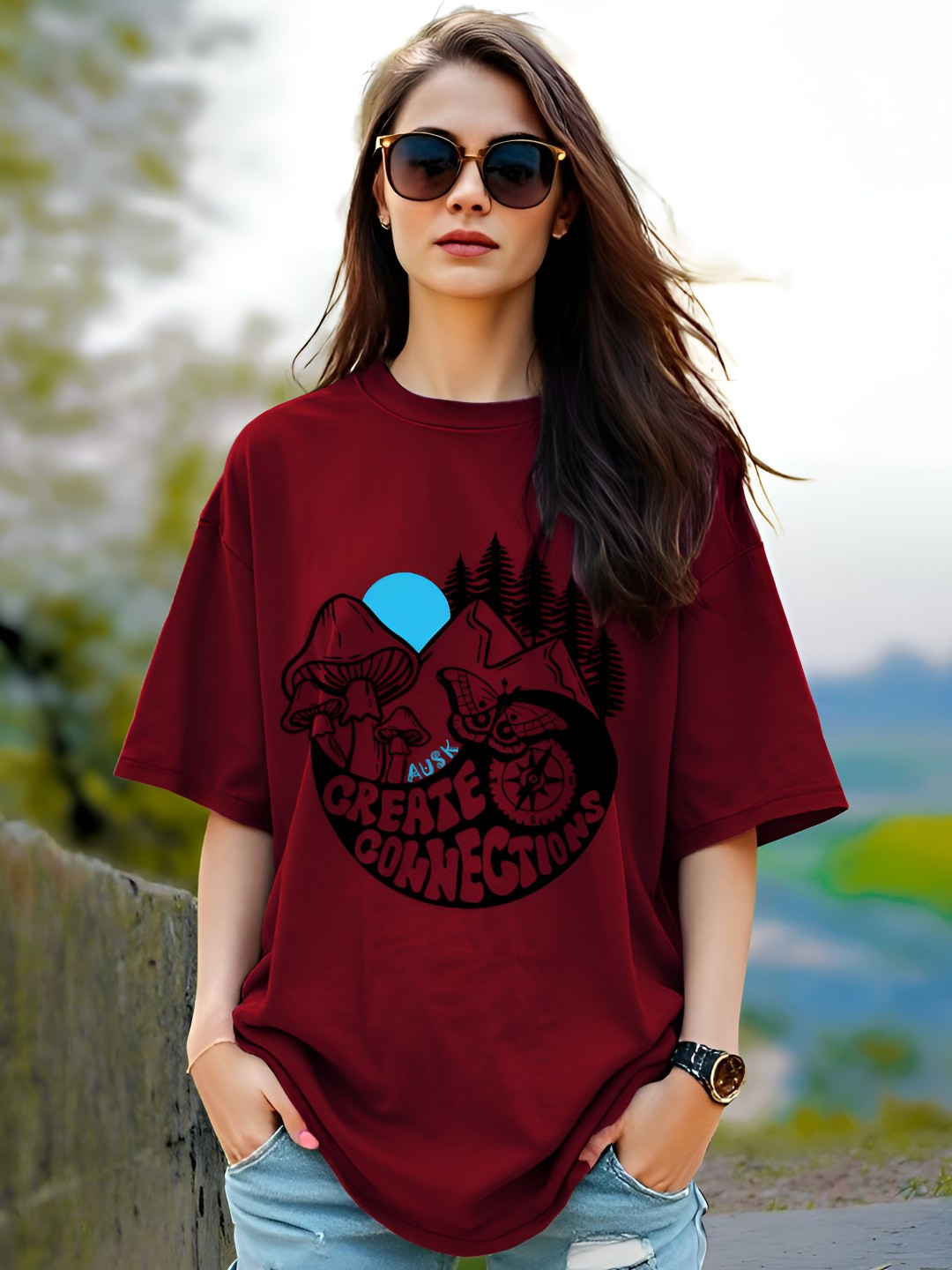 Buy AUSK Women Printed Drop Shoulder Sleeves Oversized Cotton T Shirt ...