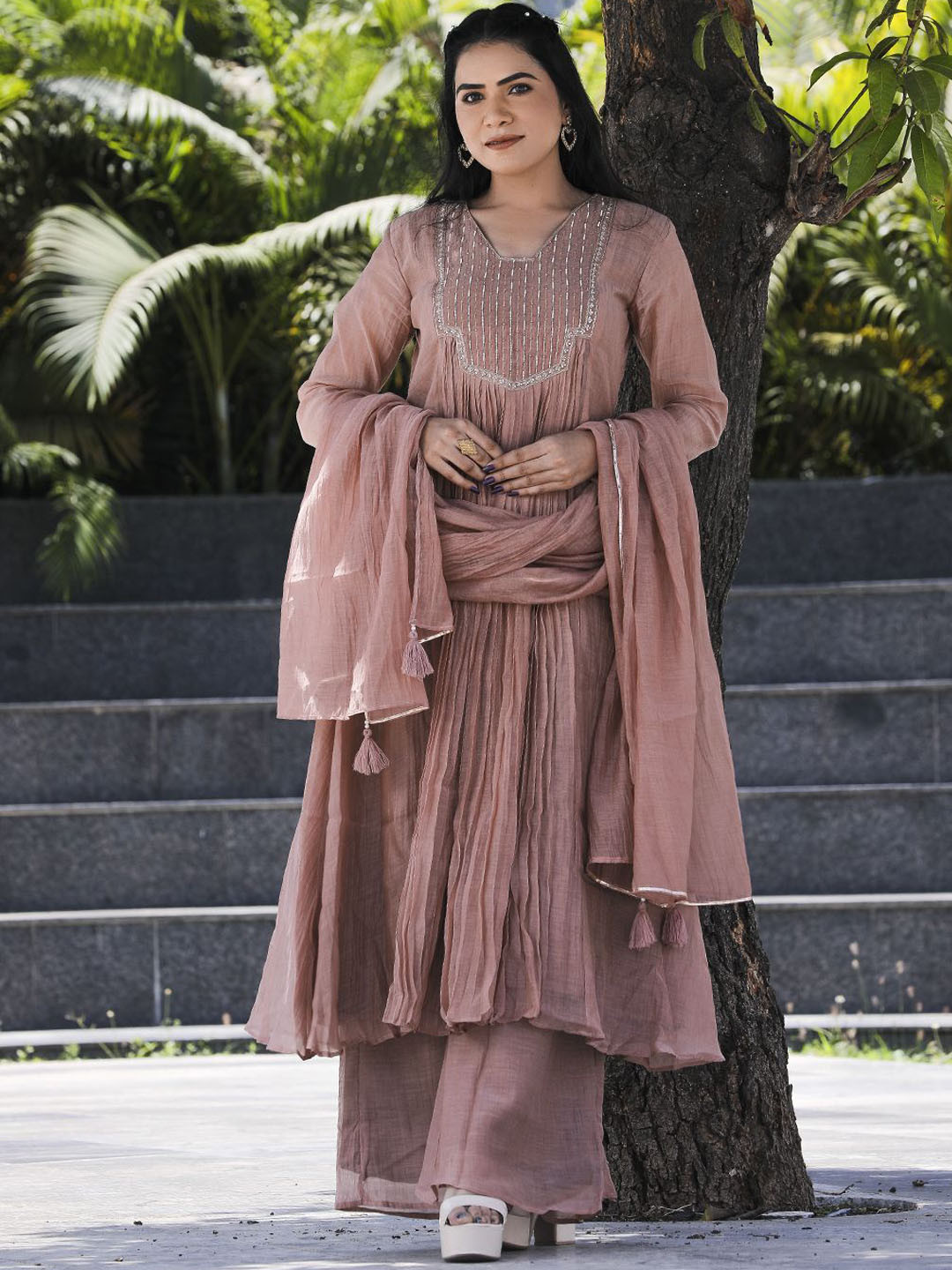 Buy AAHRA Geometric Yoke Design Sequinned Square Neck Chanderi Silk ...