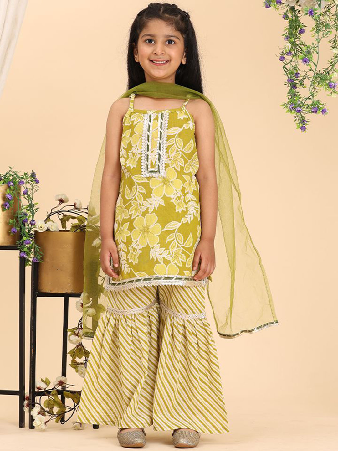 Buy Cutiekins Girls Floral Printed Empire Gotta Patti Kurta With Sharara & With Dupatta - Kurta ...