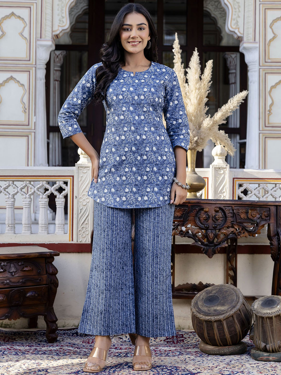 Buy Anouk Rustic Floral Printed Notch Neck Pure Cotton Tunic & Palazzos ...