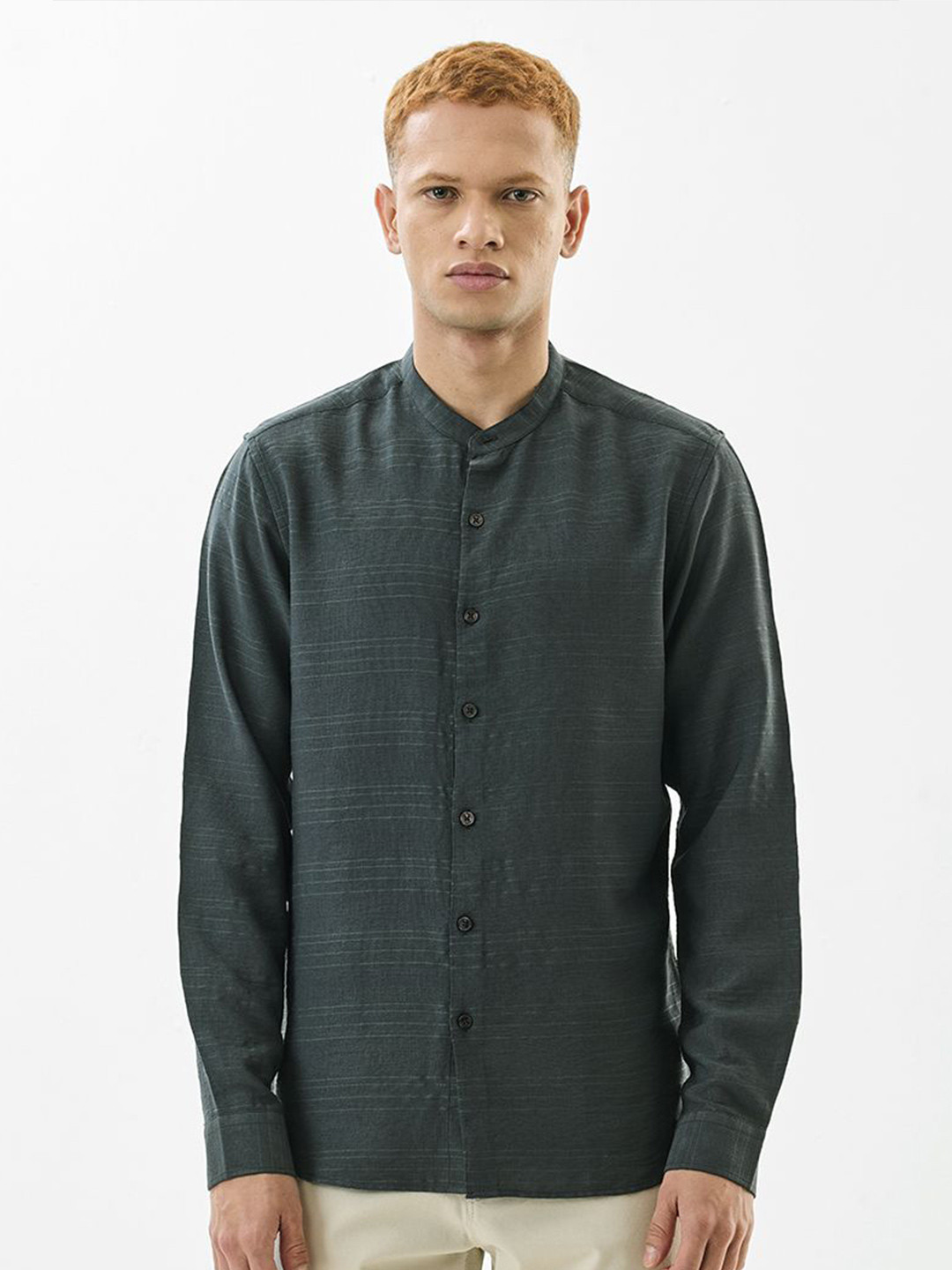 Buy Snitch Slim Fit Horizontal Striped Band Collar Shirt - Shirts for ...