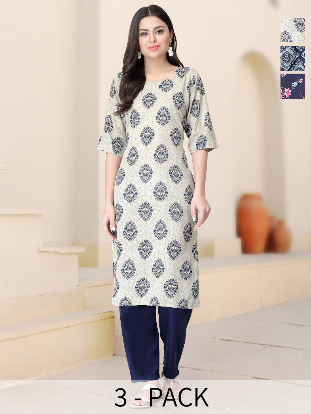 Buy Anouk Rustic Selection Of 3 Ethnic Motifs Printed Straight Kurtas ...