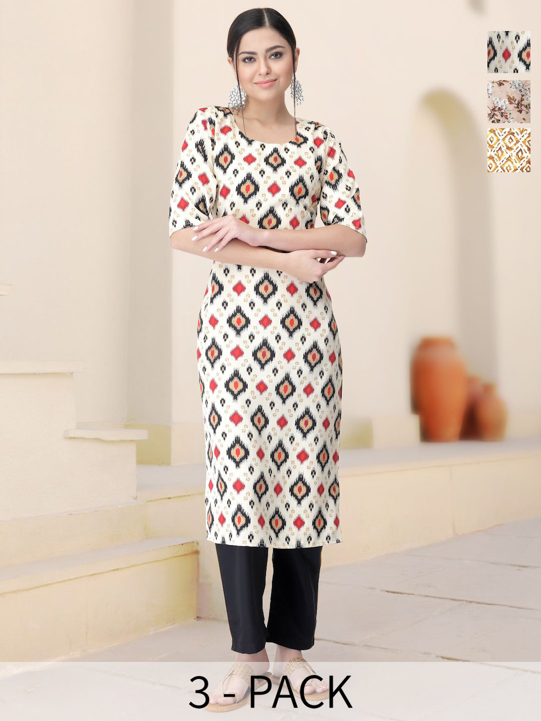 Buy HERE&NOW Selection Of 3 Geometric Printed Round Neck Straight ...