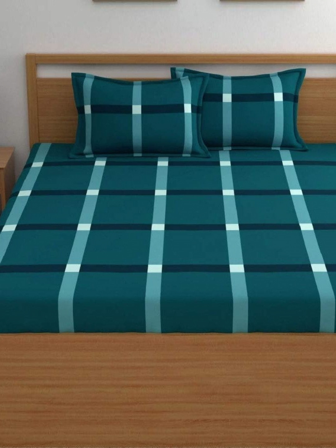 Buy Myntra Elegant Homes Teal Geometric Checked 300 TC King Fitted ...