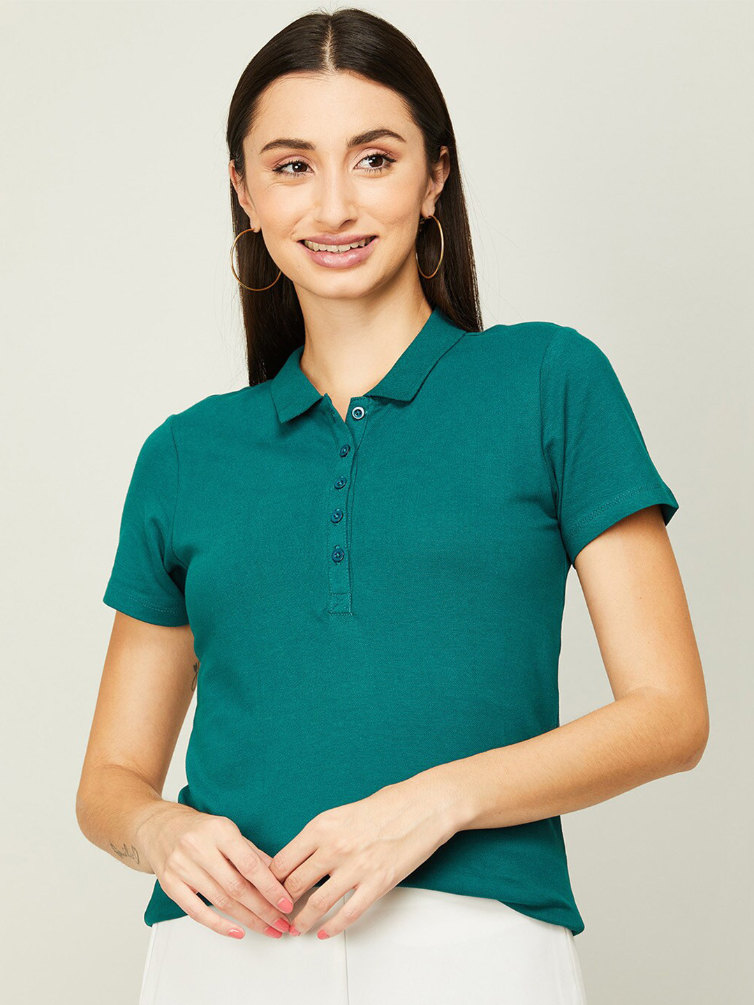 Buy CODE By Lifestyle Women Teal Polo Collar Pure Cotton T Shirt ...