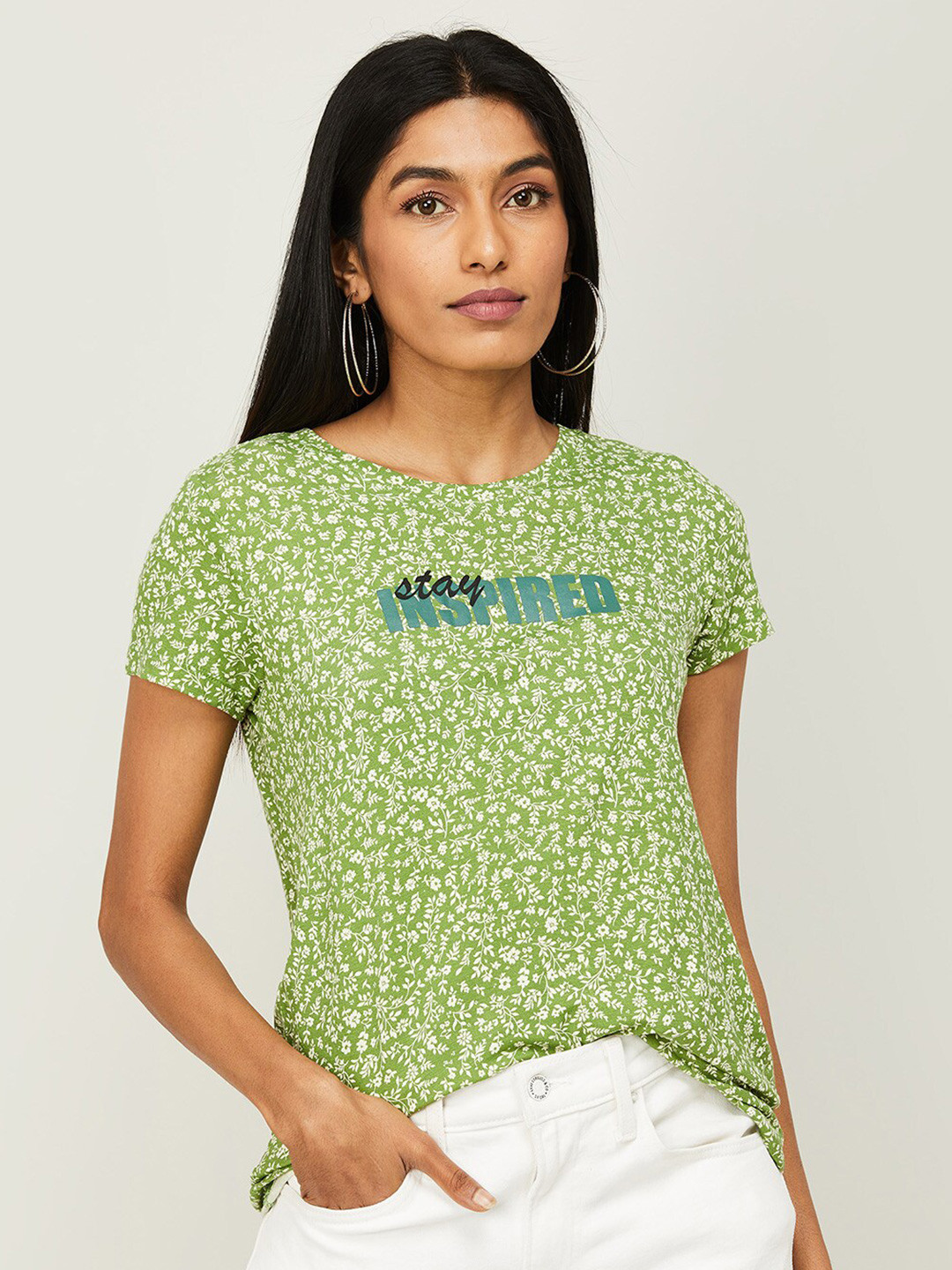 Buy Fame Forever By Lifestyle Women Green Floral Pure Cotton Print Top ...