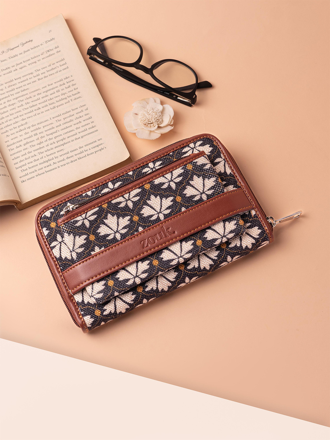 Buy ZOUK Women White & Black Floral Printed Zip Around Wallet - Wallets ...