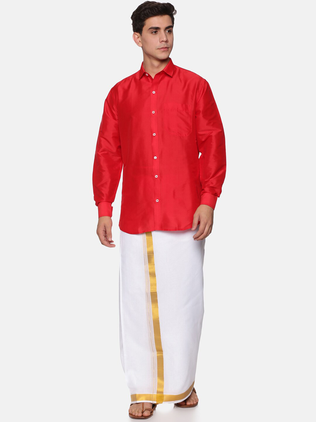 Buy Sethukrishna Men Red Shirt With Veshti Set - Clothing Set for Men ...