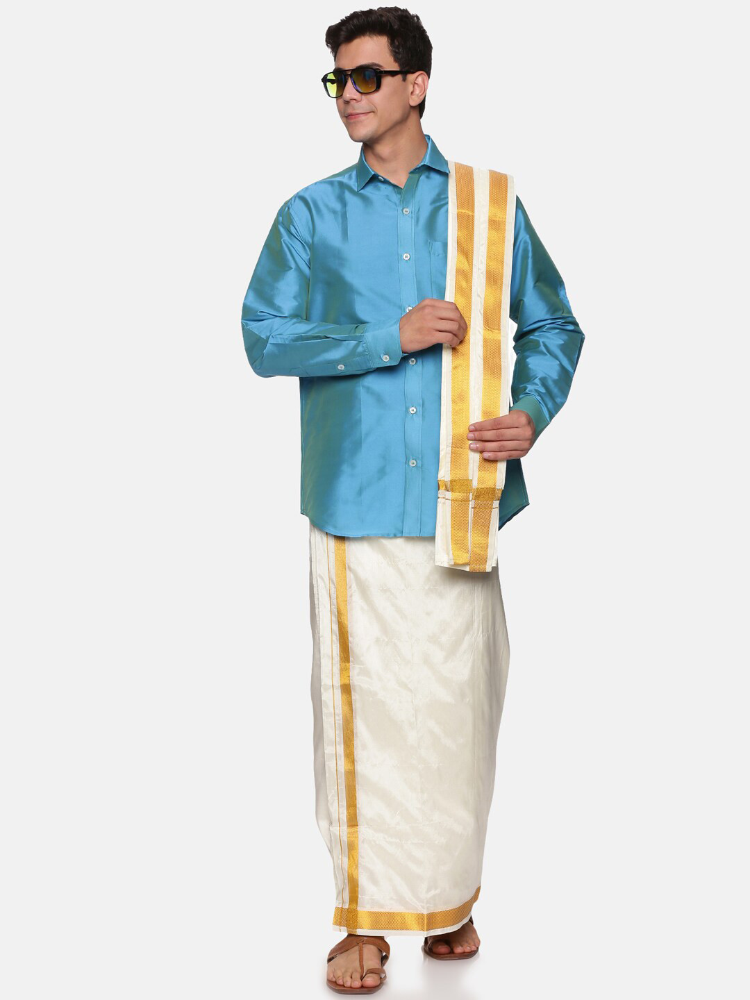 Buy Sethukrishna Men Turquoise Blue & White Shirt & Veshti - Clothing ...