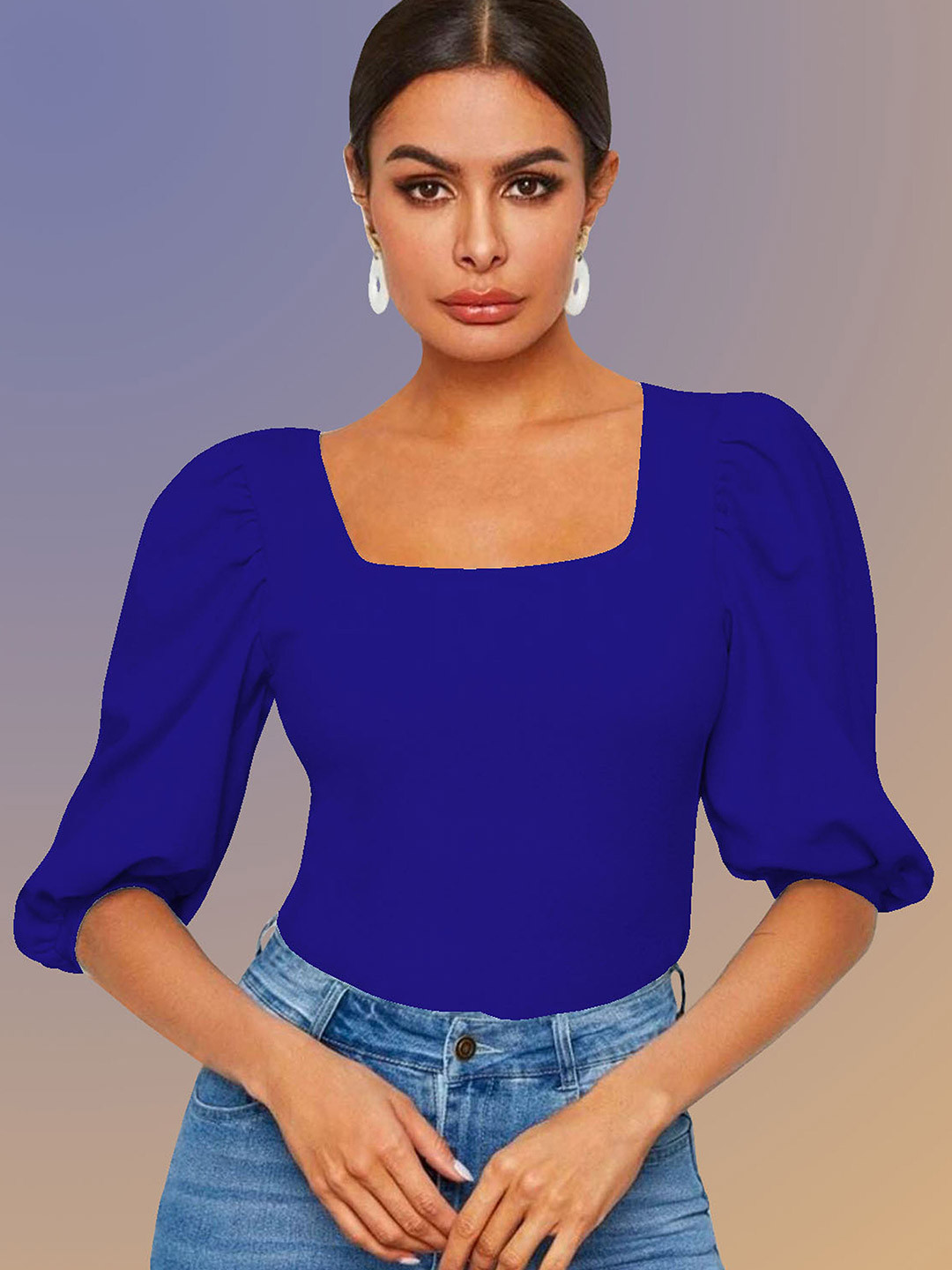 Buy Dream Beauty Fashion Blue Puff Sleeve Fitted Top - Tops for Women ...