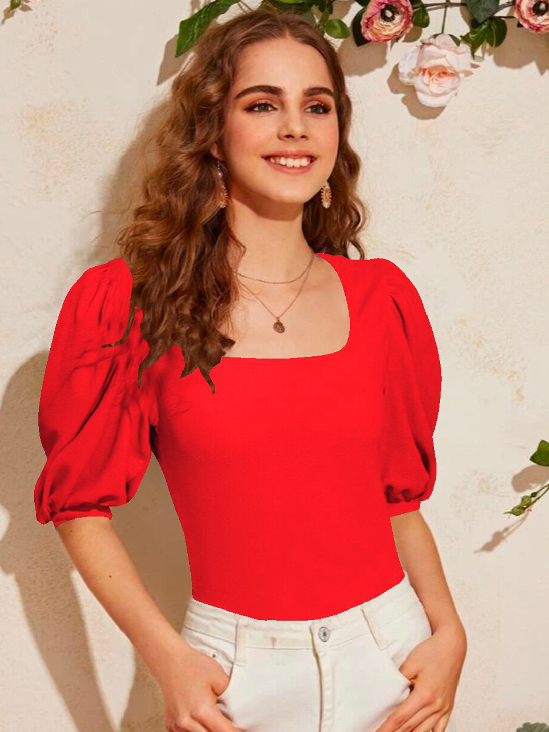 Buy Dream Beauty Fashion Red Puff Sleeve Fitted Top - Tops for Women ...