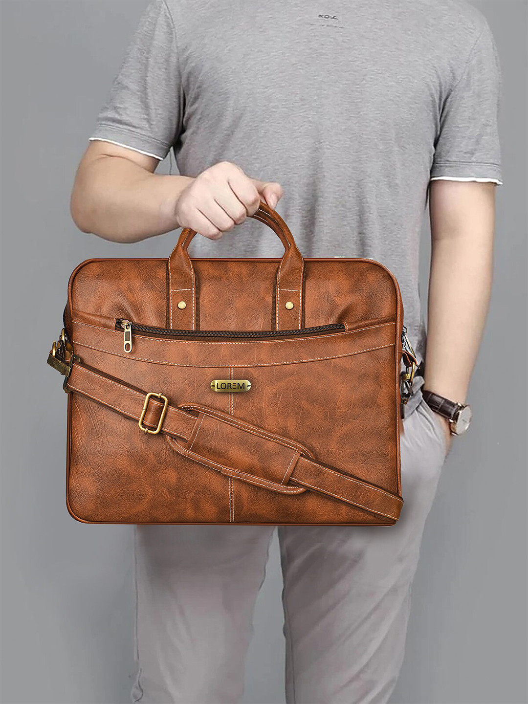 Buy LOREM Unisex Tan & Black Faux Leather Textured Laptop Bag - Laptop ...