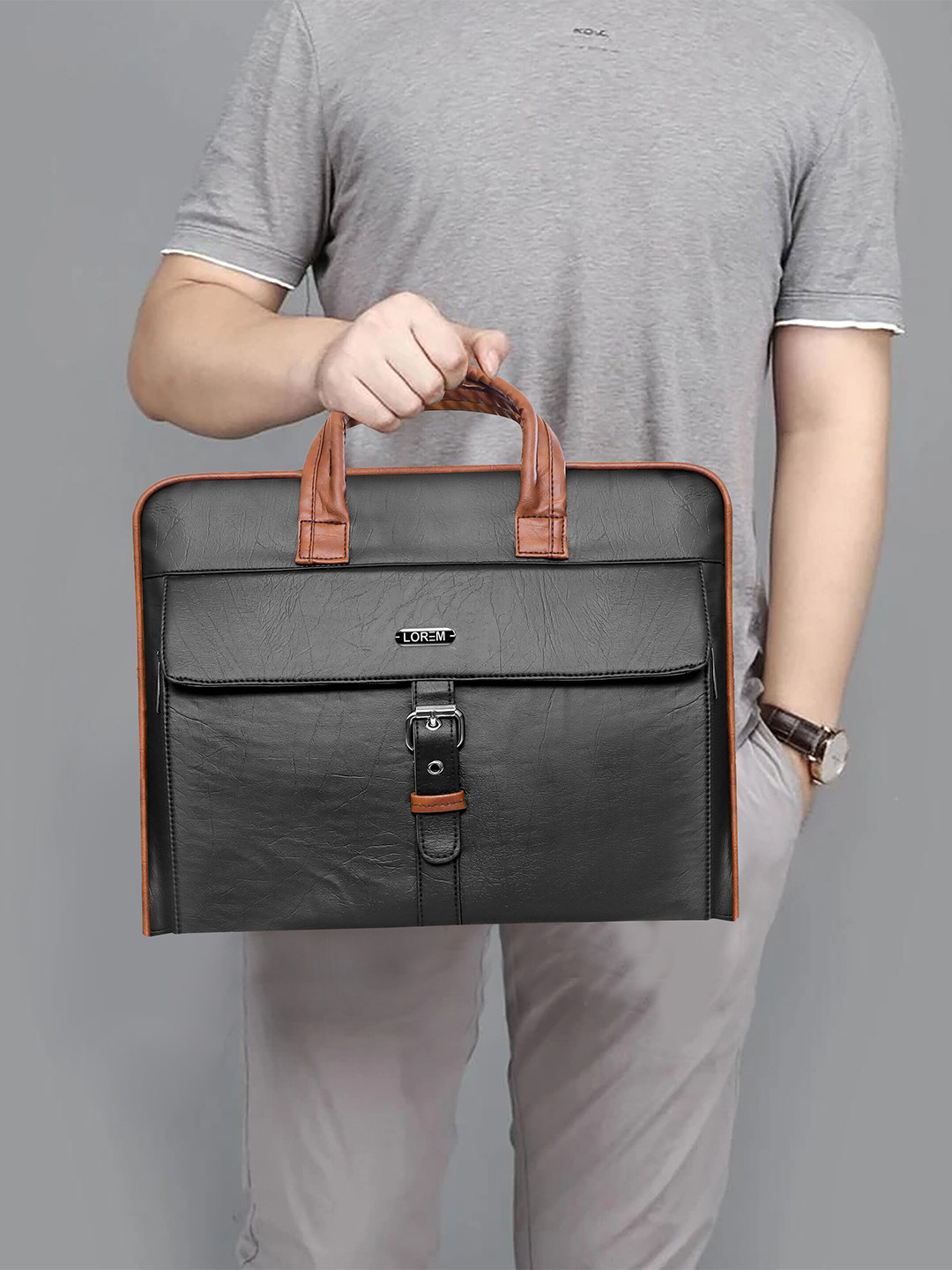 Buy LOREM Unisex Black & Brown Textured Laptop Bag - Laptop Bag for ...