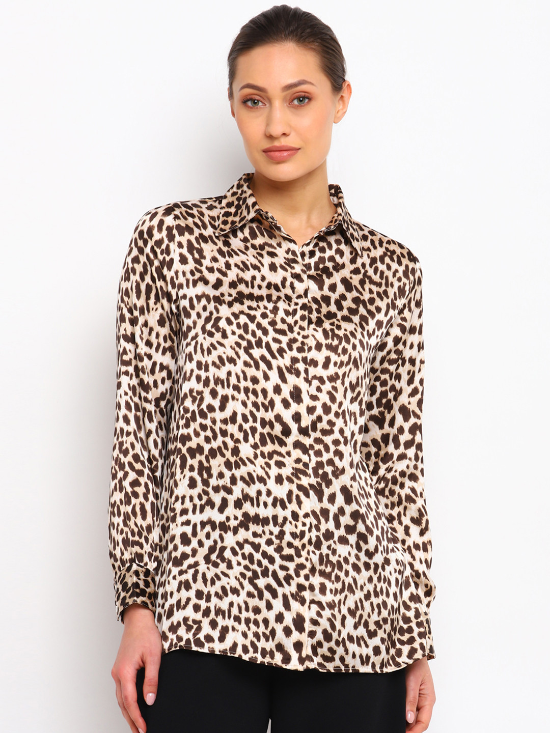 Buy COVER STORY Women Brown & Cream Coloured Animal Print Shirt Style ...
