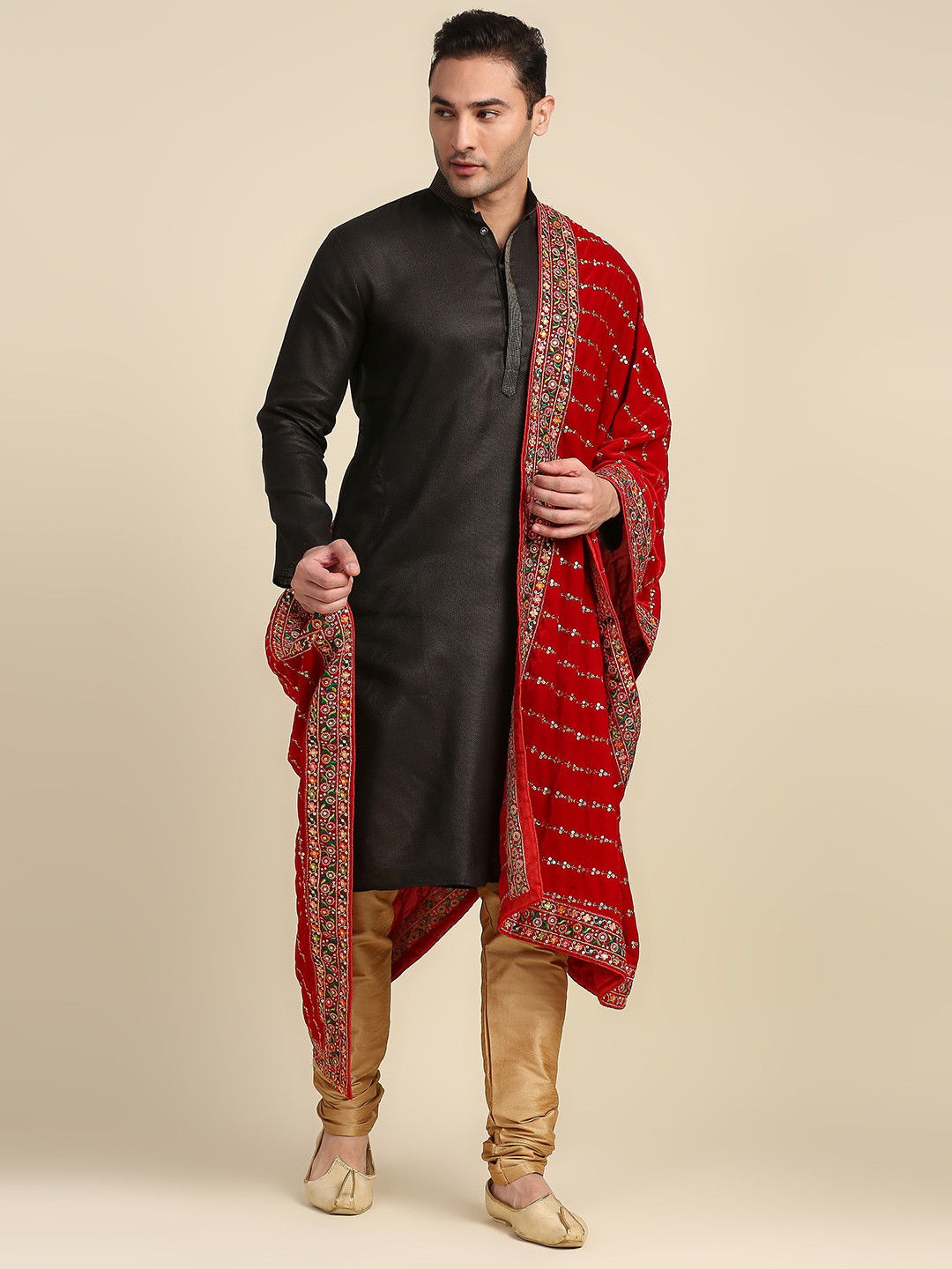 Buy Dupatta Bazaar Men Red & Green Ethnic Motifs Embroidered Sequinned ...