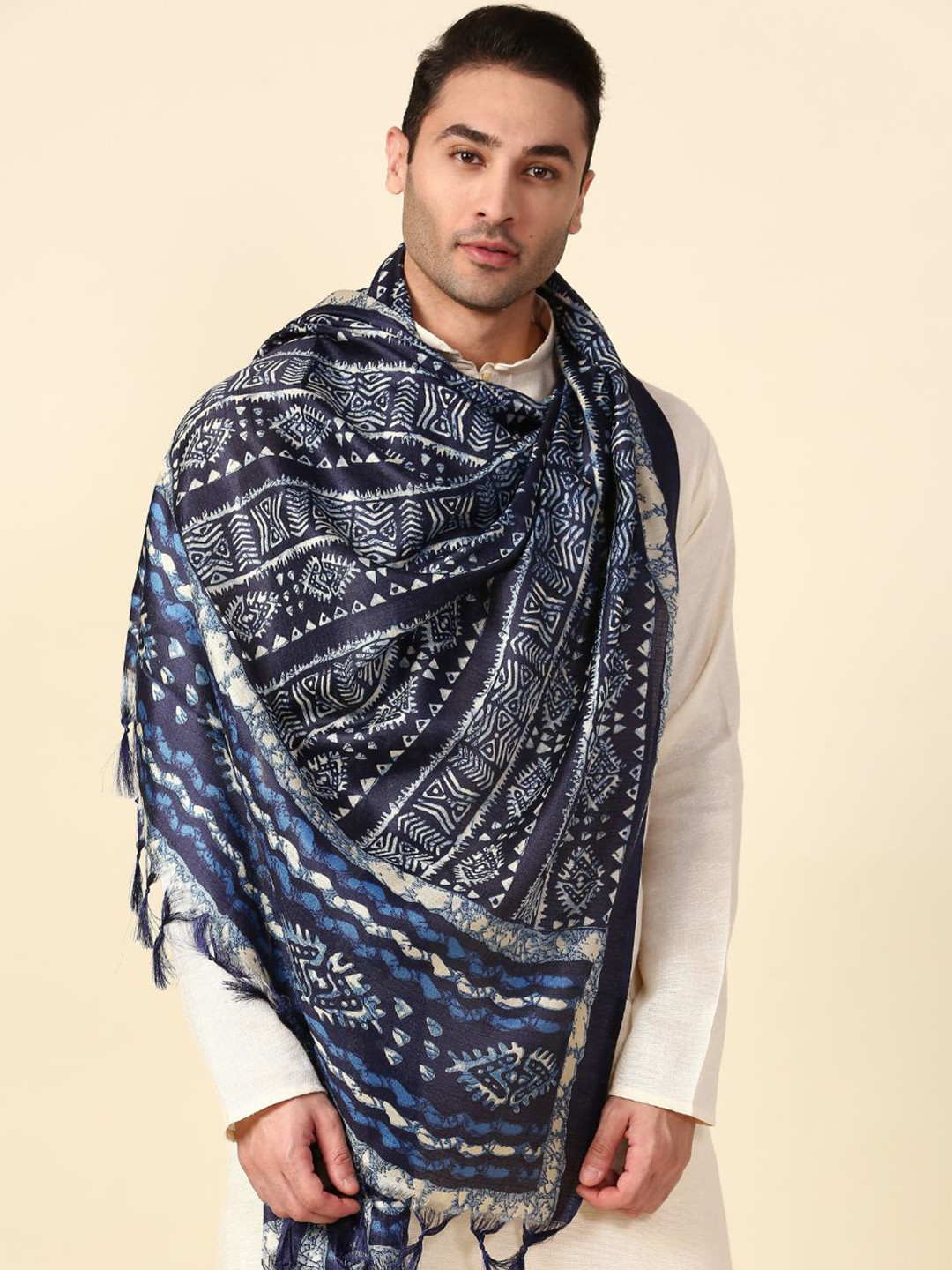 Buy Dupatta Bazaar Men Navy Blue & Off White Printed Silk Blend Dupatta ...