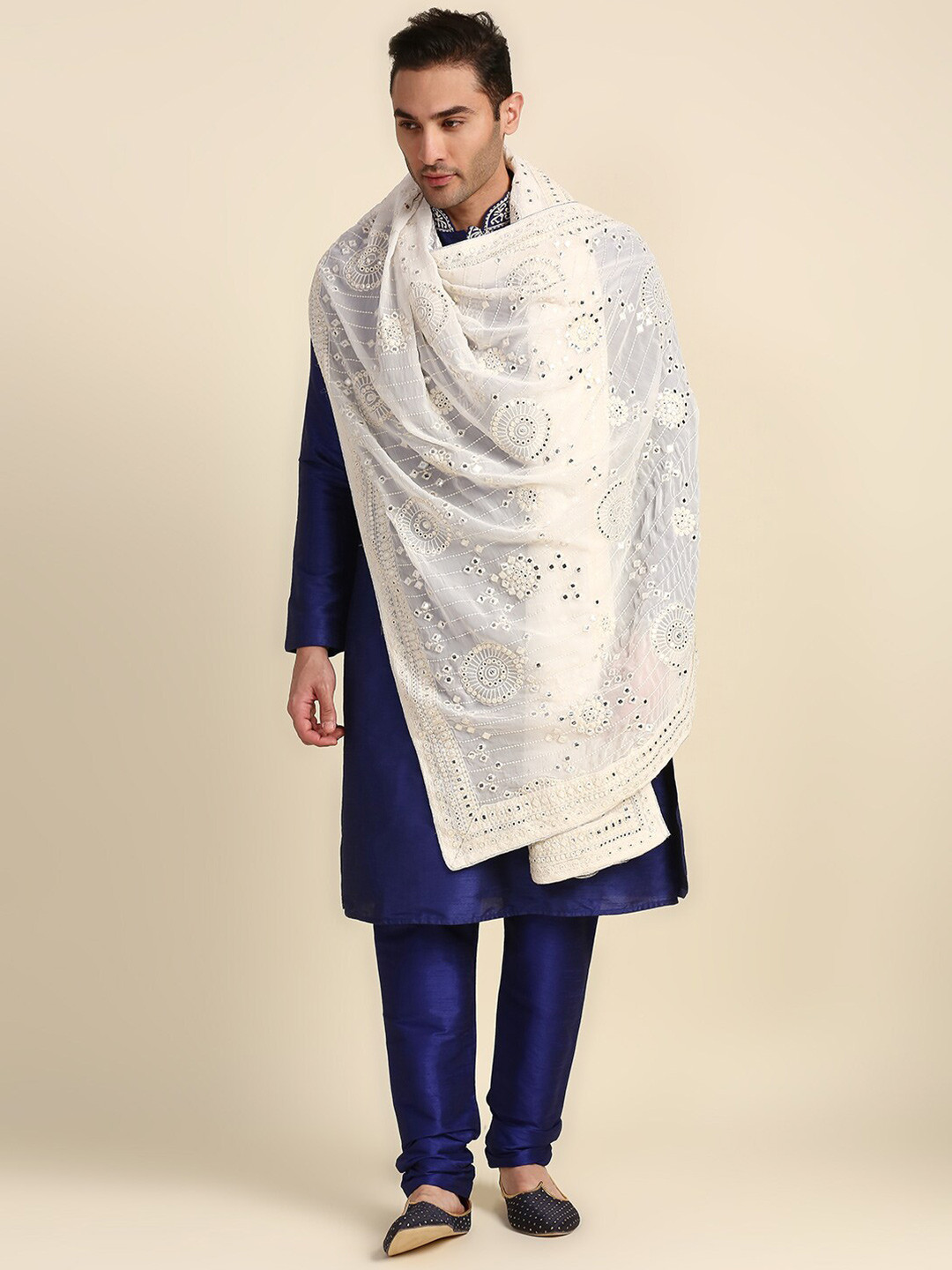 Buy Dupatta Bazaar Men Cream Coloured Ethnic Motifs Embroidered Dupatta ...