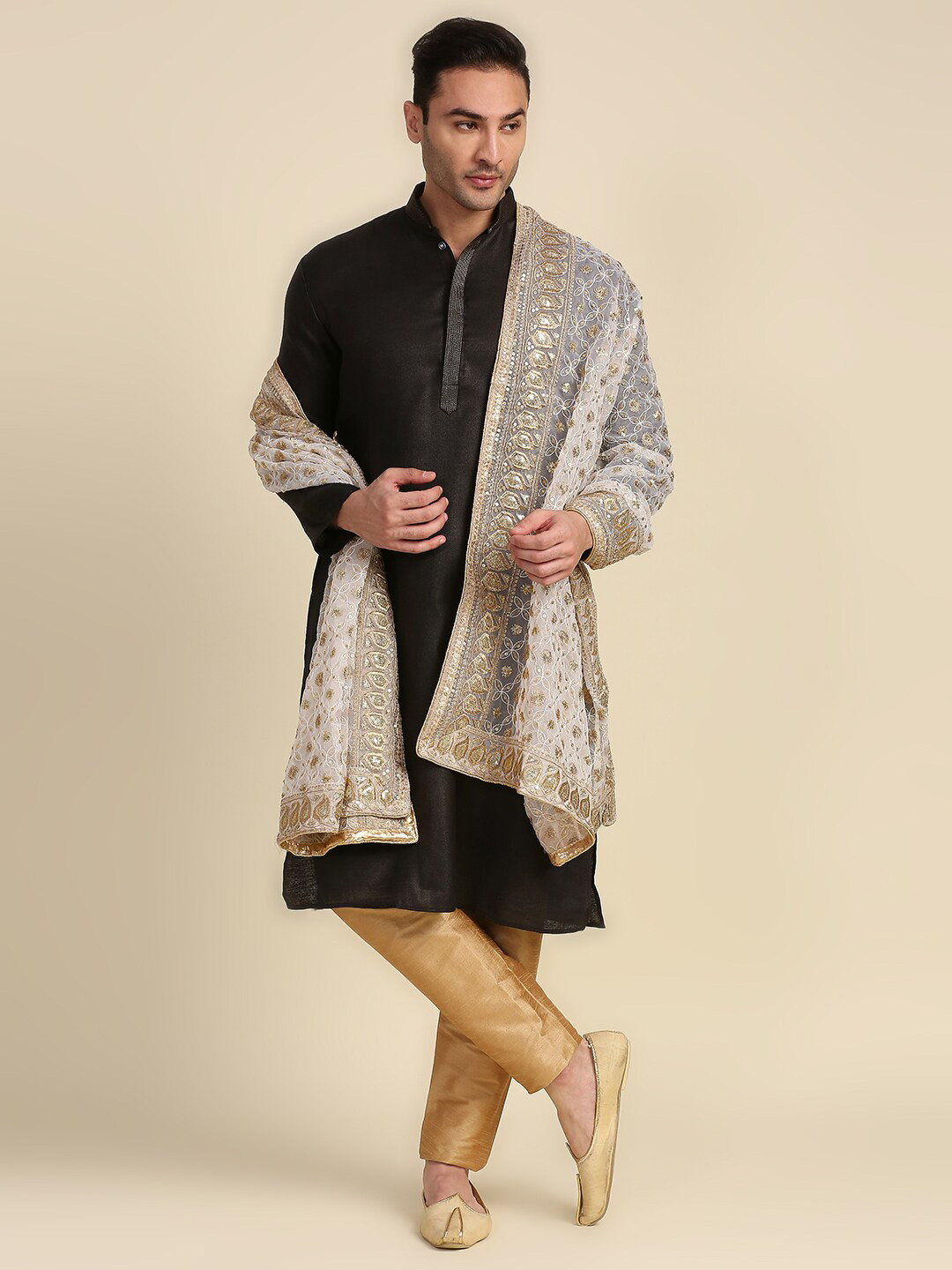 Buy Dupatta Bazaar Men White & Gold Toned Ethnic Motifs Embroidered ...