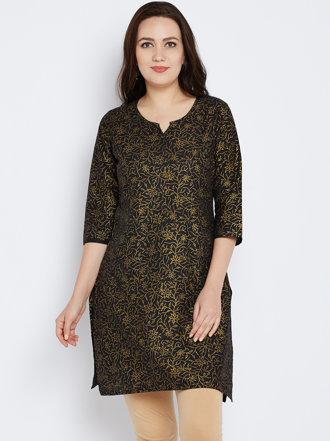 Buy Shree Women Black & Golden Printed Straight Kurta - Kurtas for ...