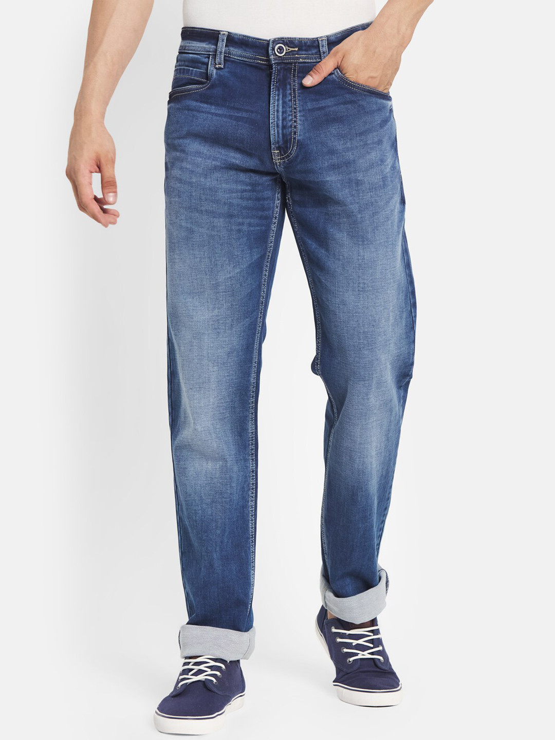 Buy Octave Men Blue Straight Fit Low Distress Heavy Fade Stretchable ...