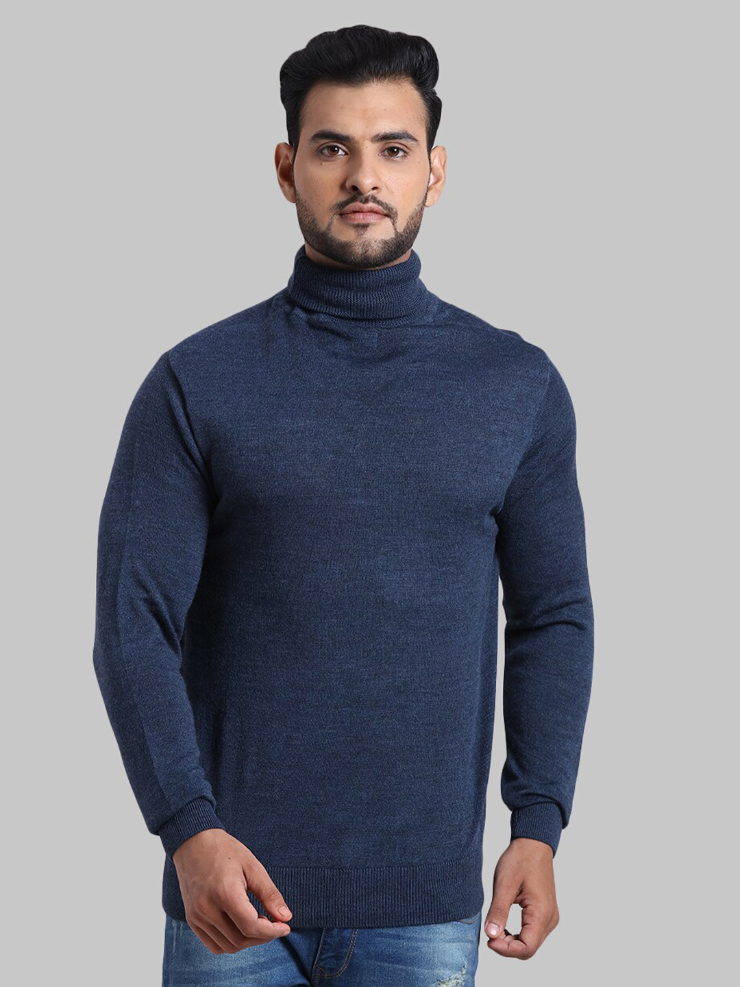 Buy ColorPlus Men Blue Solid Wool Turtle Neck Pullover - Sweaters for ...