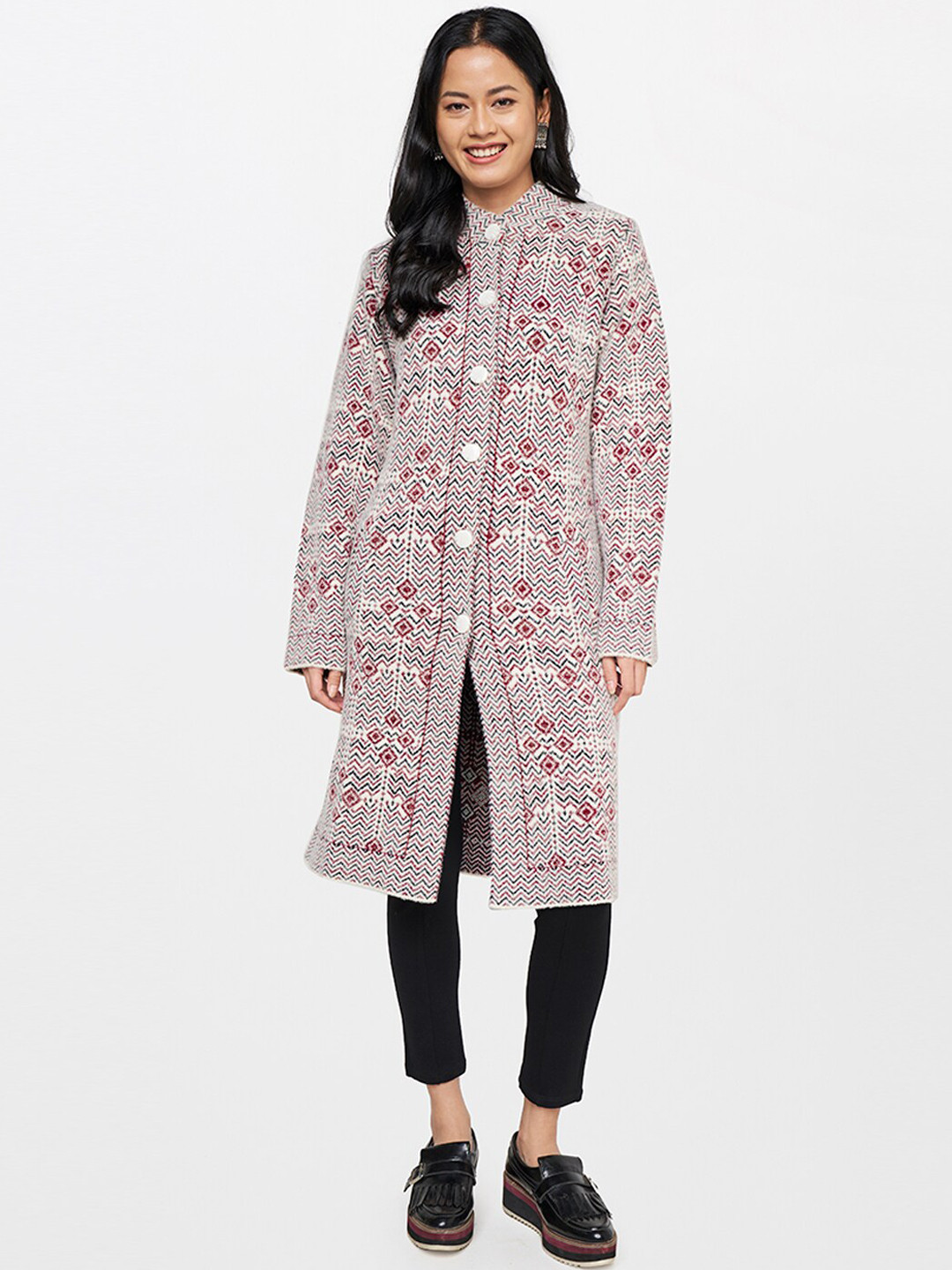 Buy Global Desi Women Off White Geometric Acrylic Longline Tailored ...