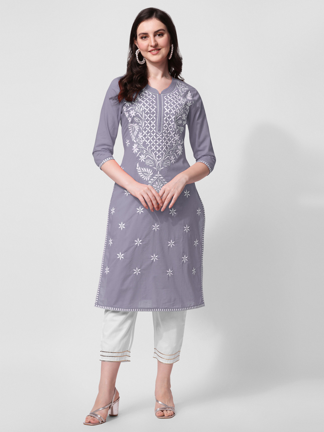 Buy KALINI Women Grey Ethnic Motifs Embroidered Kurta With Trousers ...