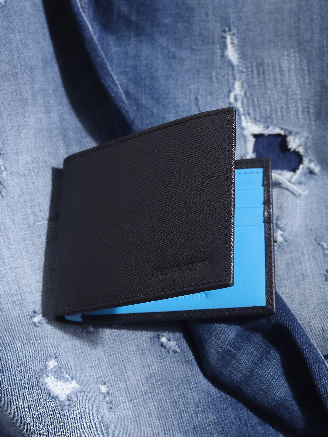 Buy Jack & Jones Men Black & Blue Leather Two Fold Wallet - Wallets for ...