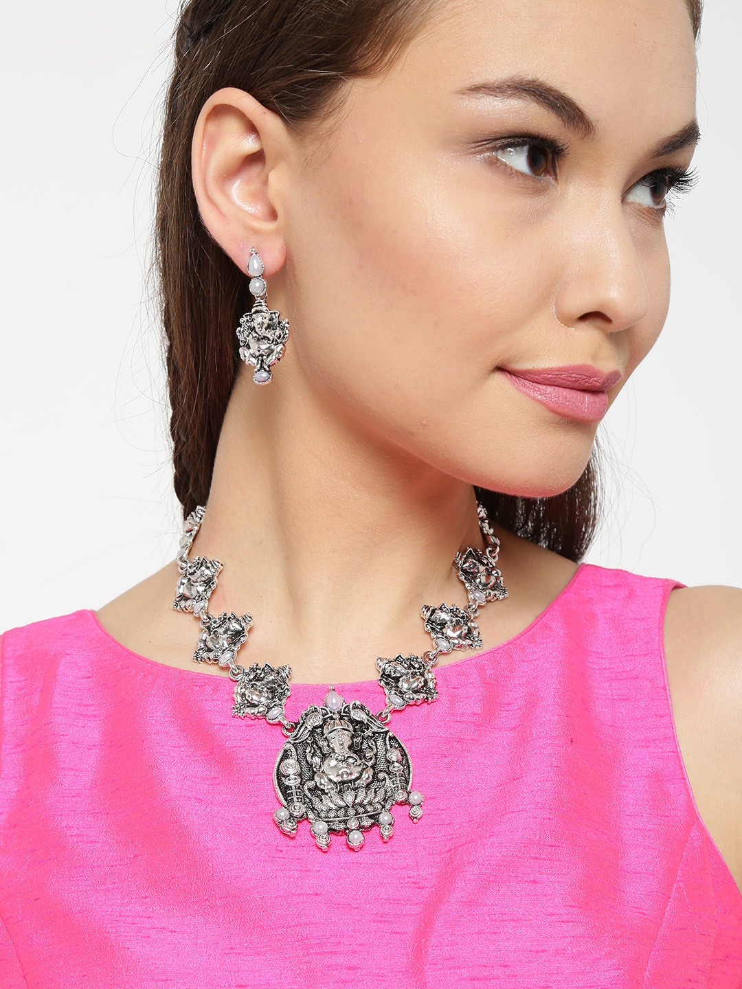 Buy Zaveri Pearls Oxidised Silver Toned Lord Ganesha Textured Jewellery