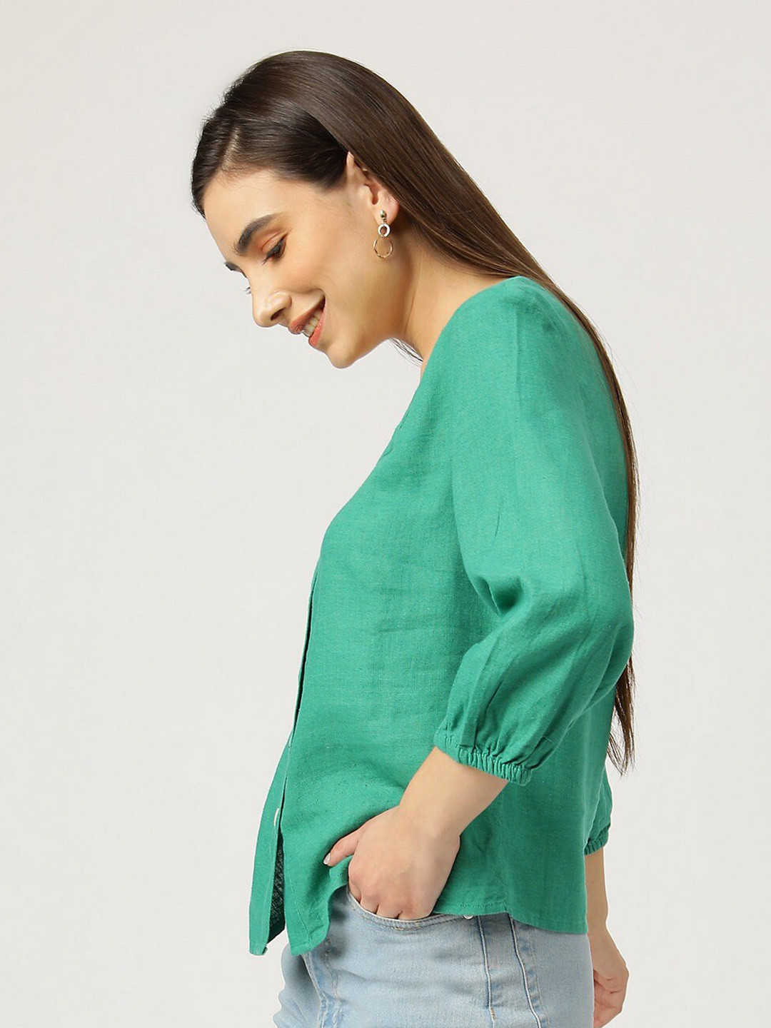 Buy Marks & Spencer Women Green Linen Solid Regular Top - Tops for ...