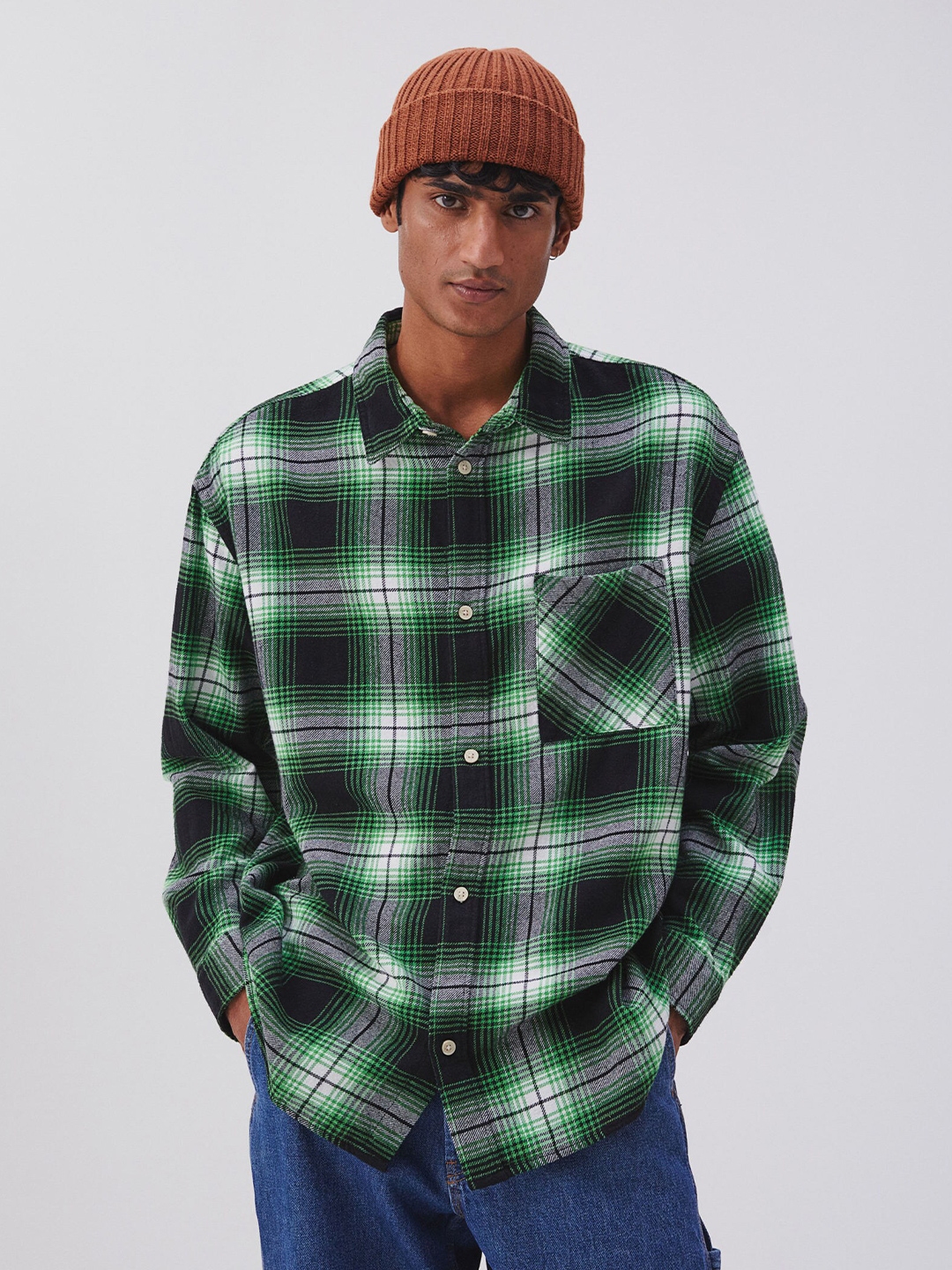 Buy Handm Men Green And White Checked Cotton Twill Shirt Shirts For Men 20275144 Myntra