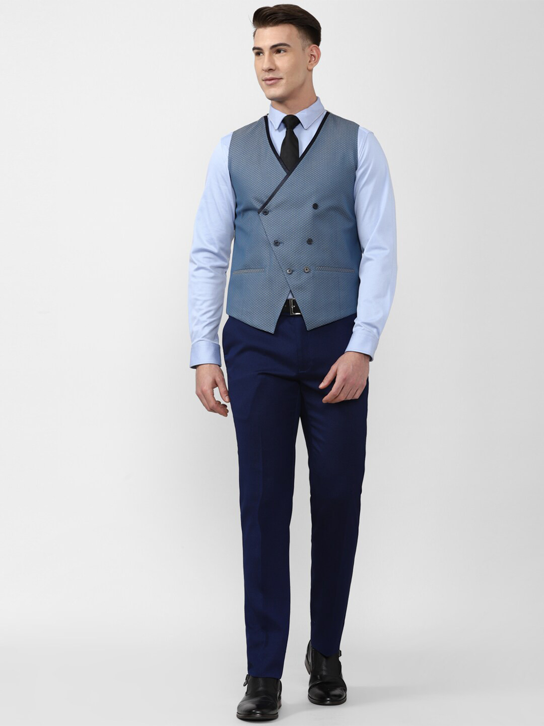 Buy Peter England Elite Men Navy Blue Solid Slim Fit Single Breasted Three Piece Formal Suits ...