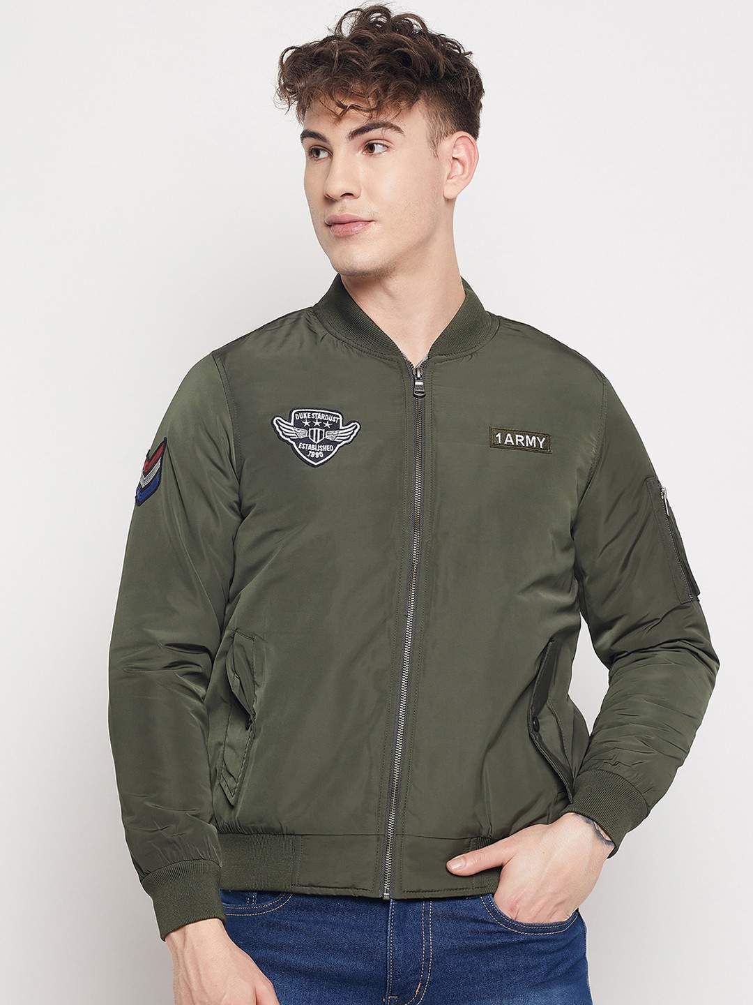 Buy Duke Men Olive Green Printed Nylon Reversible Bomber Jacket ...