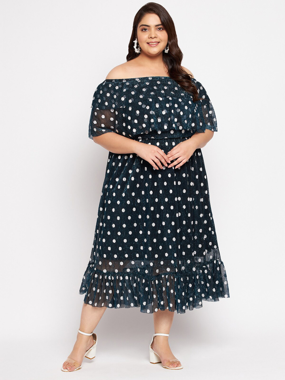 Buy Wild U Plus Size Teal Blue Off Shoulder Fit & Flare Midi Dress ...
