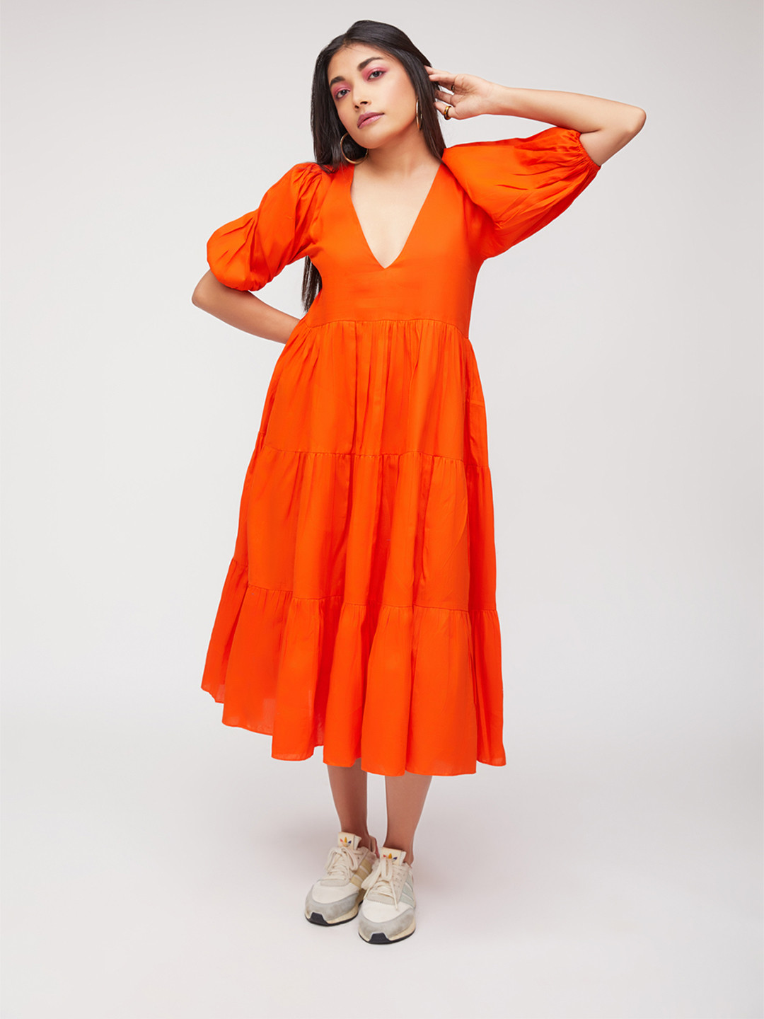 Buy POPPI Orange Cotton Fit And Flare Tiered Midi Dress - Dresses for ...