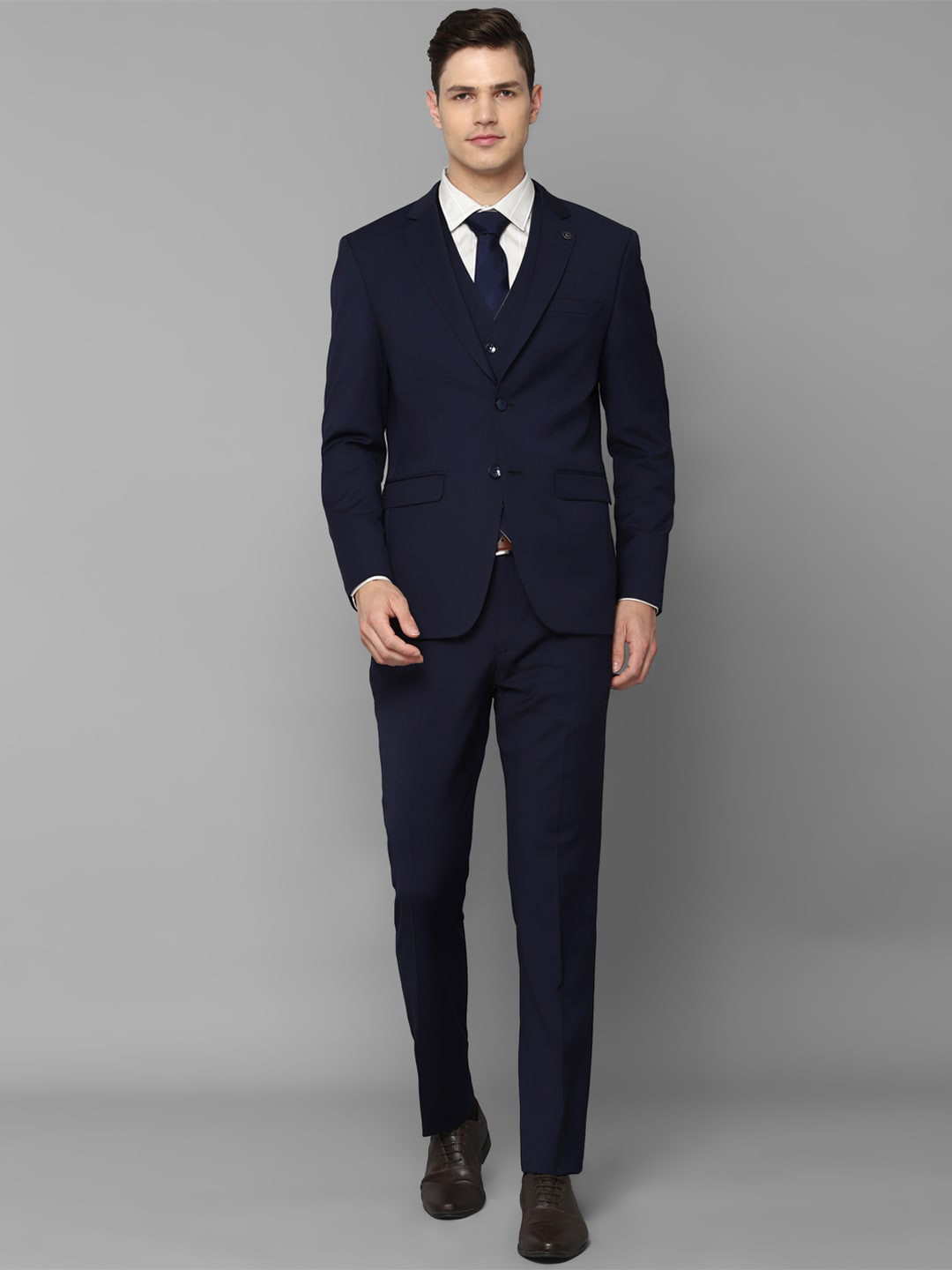 Buy Allen Solly Men Navy Blue Solid Three Piece Slim Fit Formal Suits ...