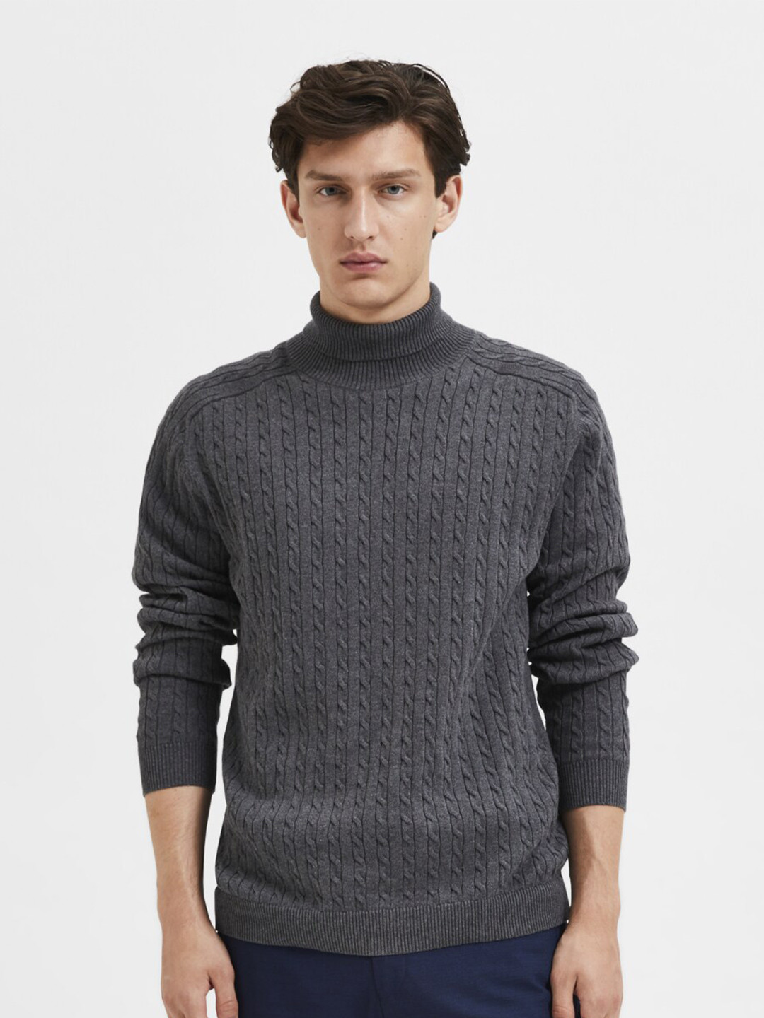 Buy SELECTED Men Cotton Grey Cable Knit Pullover Sweater - Sweaters for ...