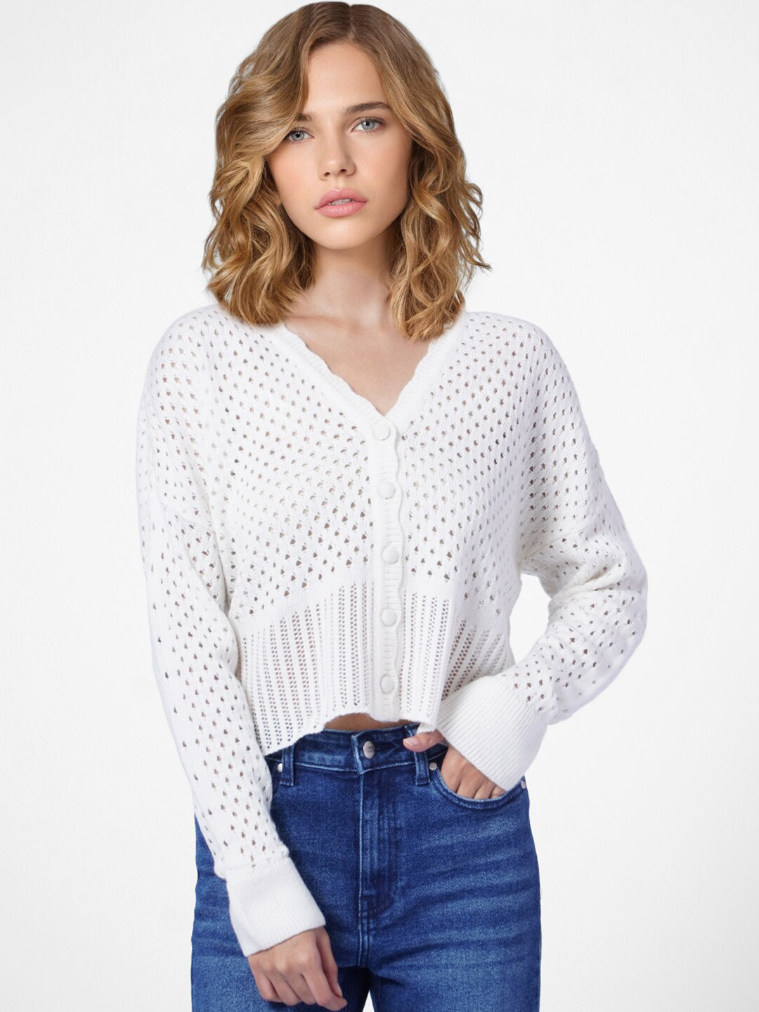 Buy ONLY Women White Cable Knit Crop Cardigan - Sweaters for Women ...